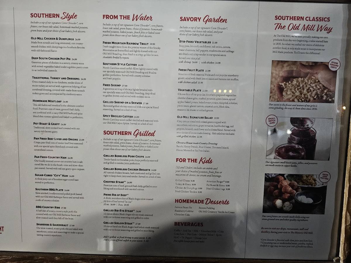 Menu at The Old Mill Restaurant, Pigeon Forge, 164 Old Mill Ave
