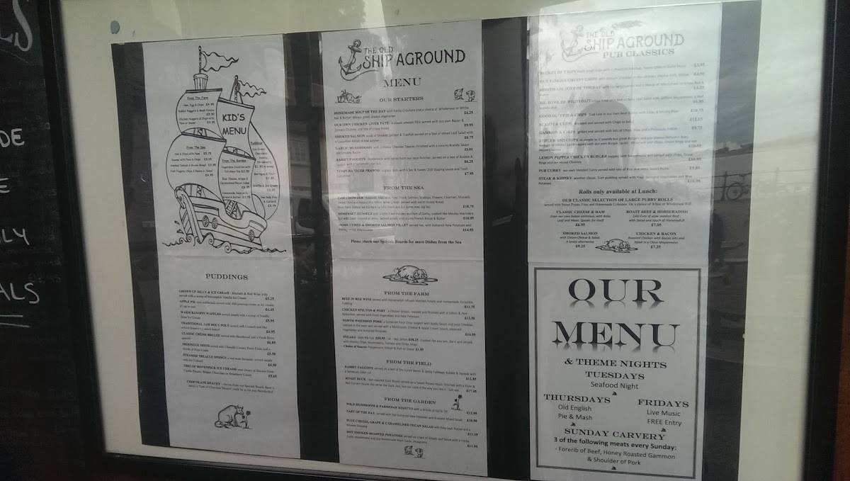 Menu at The Old Ship Aground restaurant, Minehead