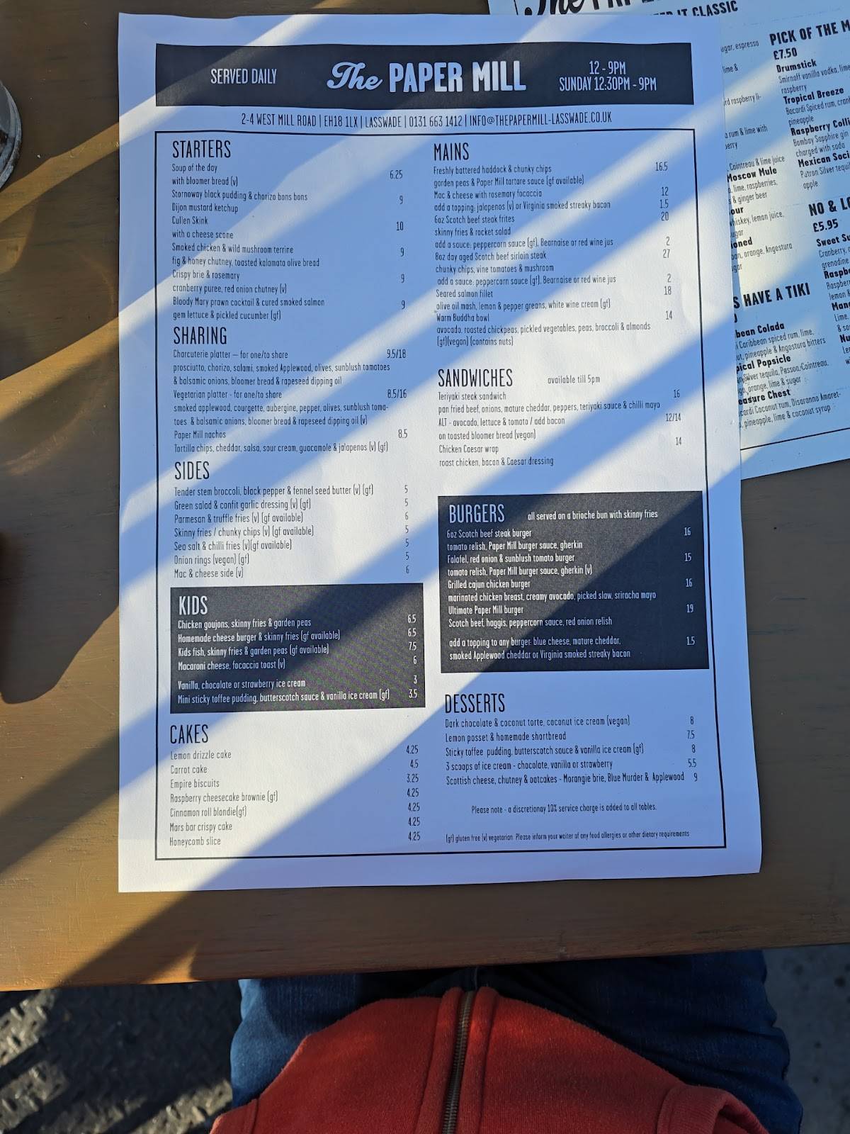 Menu at The Paper Mill restaurant, Lasswade, 2-4 Westmill Rd