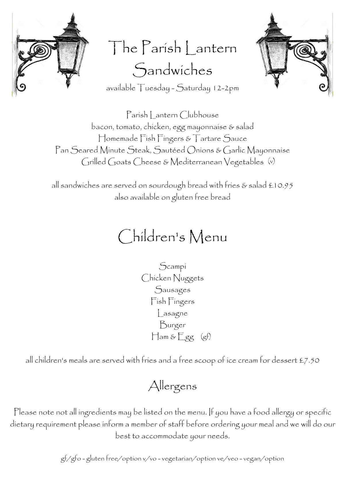 Menu at The Parish Lantern pub & bar, Whiteparish