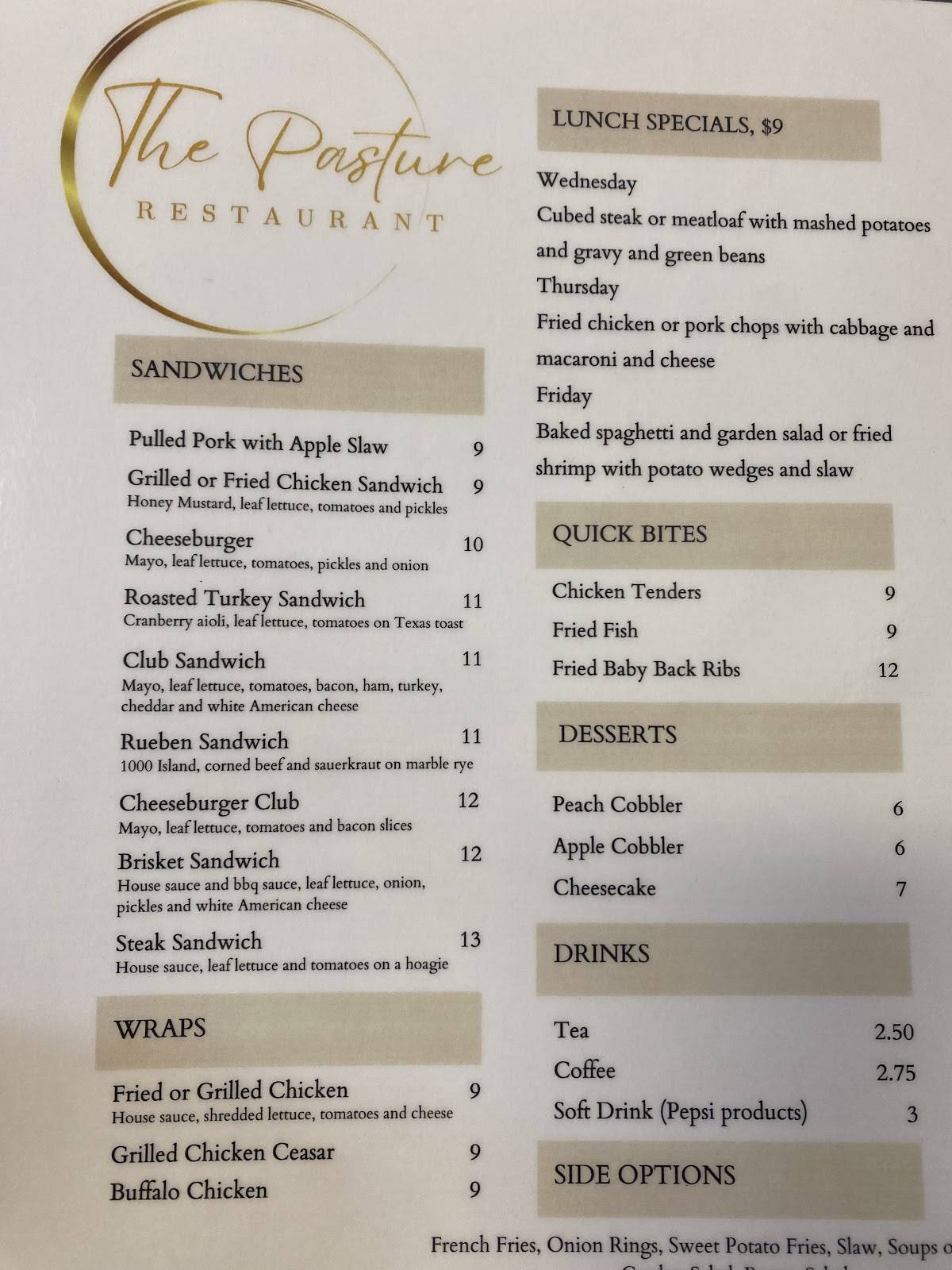 Menu at The Pasture (208 N. Broad) restaurant, Clinton
