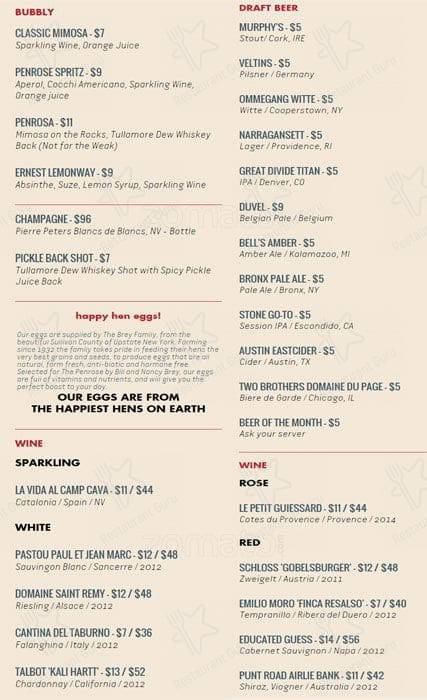 Menu at The Penrose pub & bar, New York City