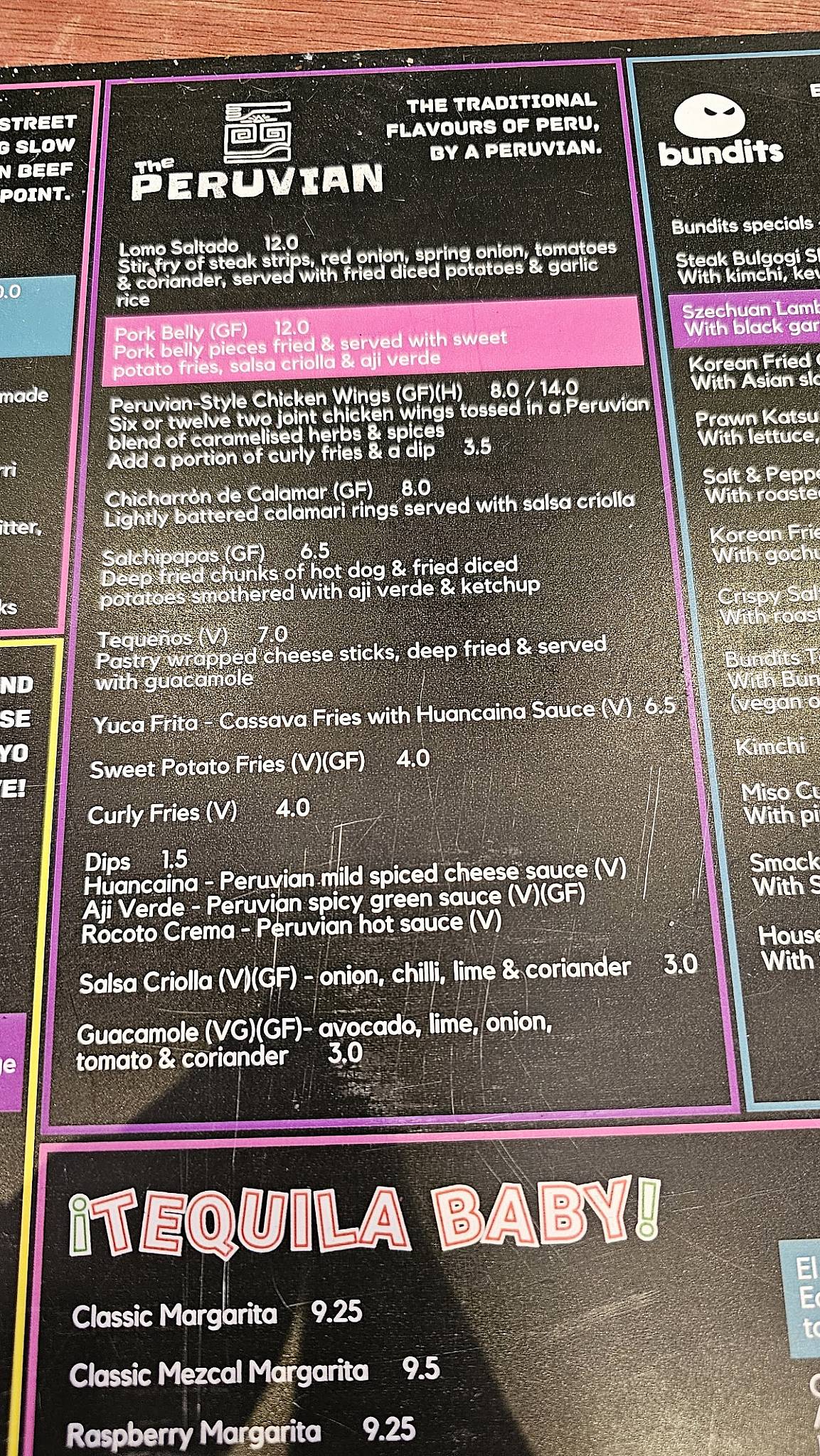 Menu at The Peruvian restaurant, Edinburgh