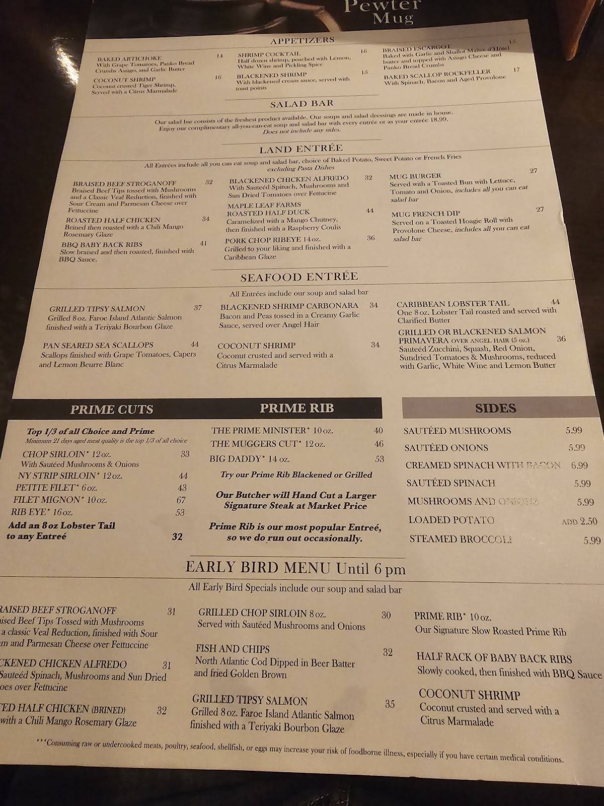 Menu at The Pewter Mug North steakhouse, North Naples, Tamiami Trail N ...