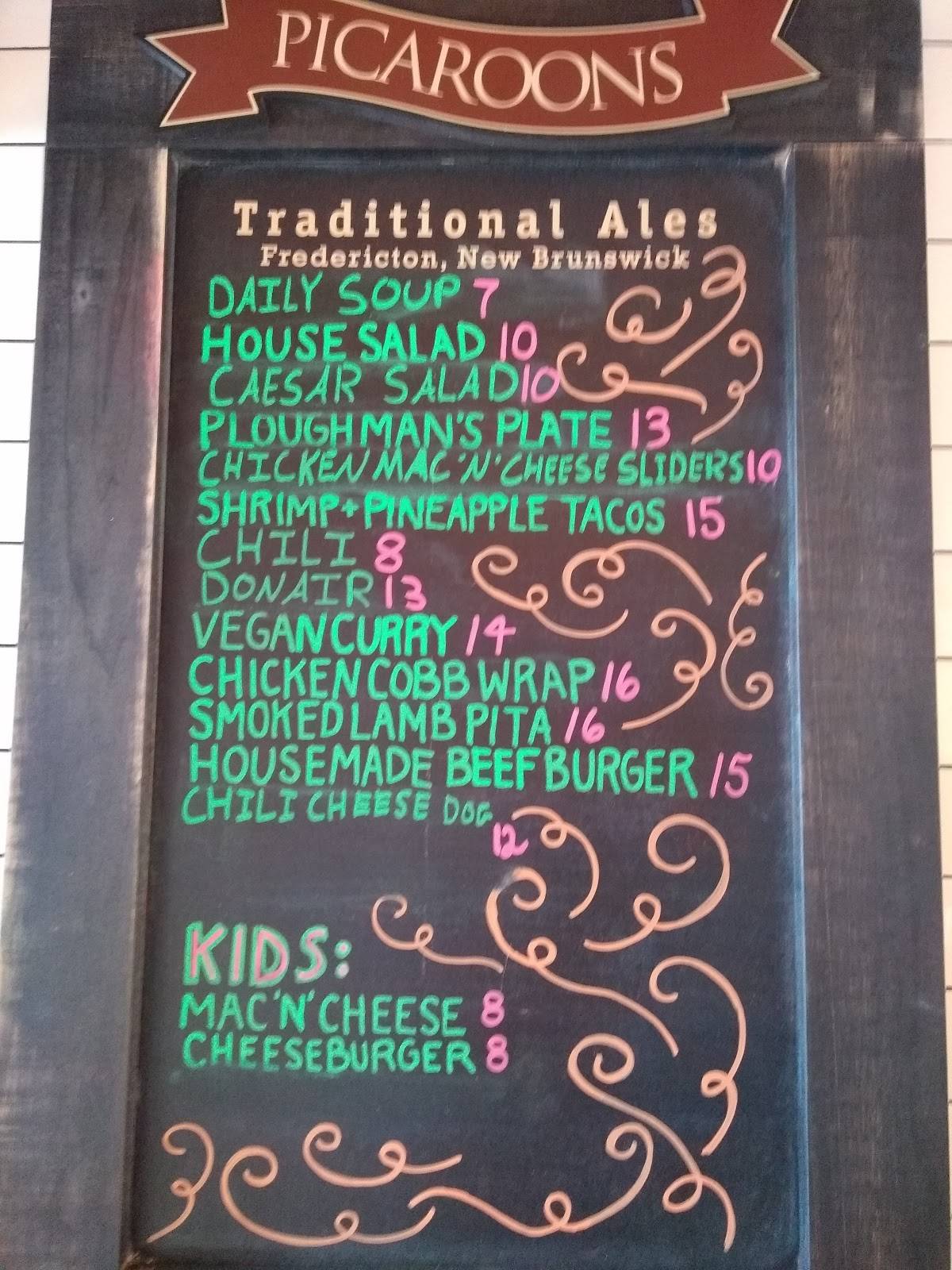 Menu at The Picaroons Roundhouse pub & bar, Fredericton