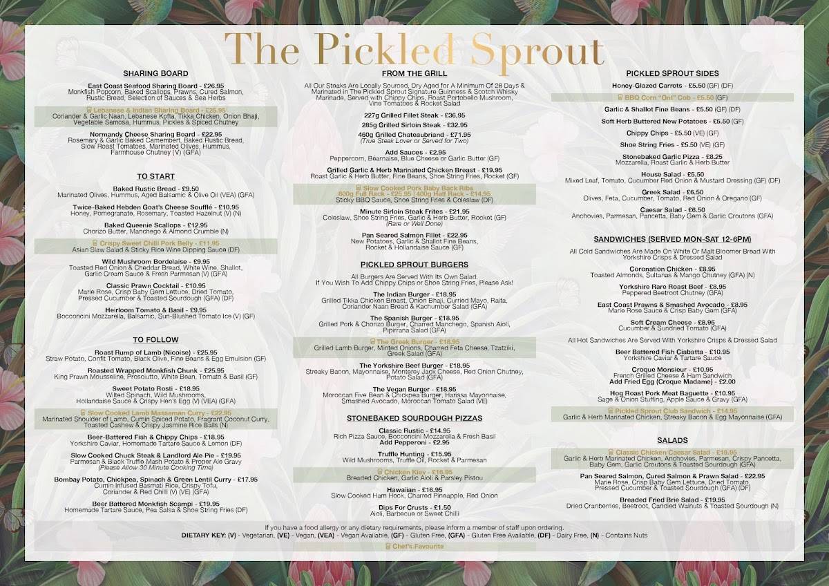 Menu at The Pickled Sprout restaurant, Harrogate, 1 John St