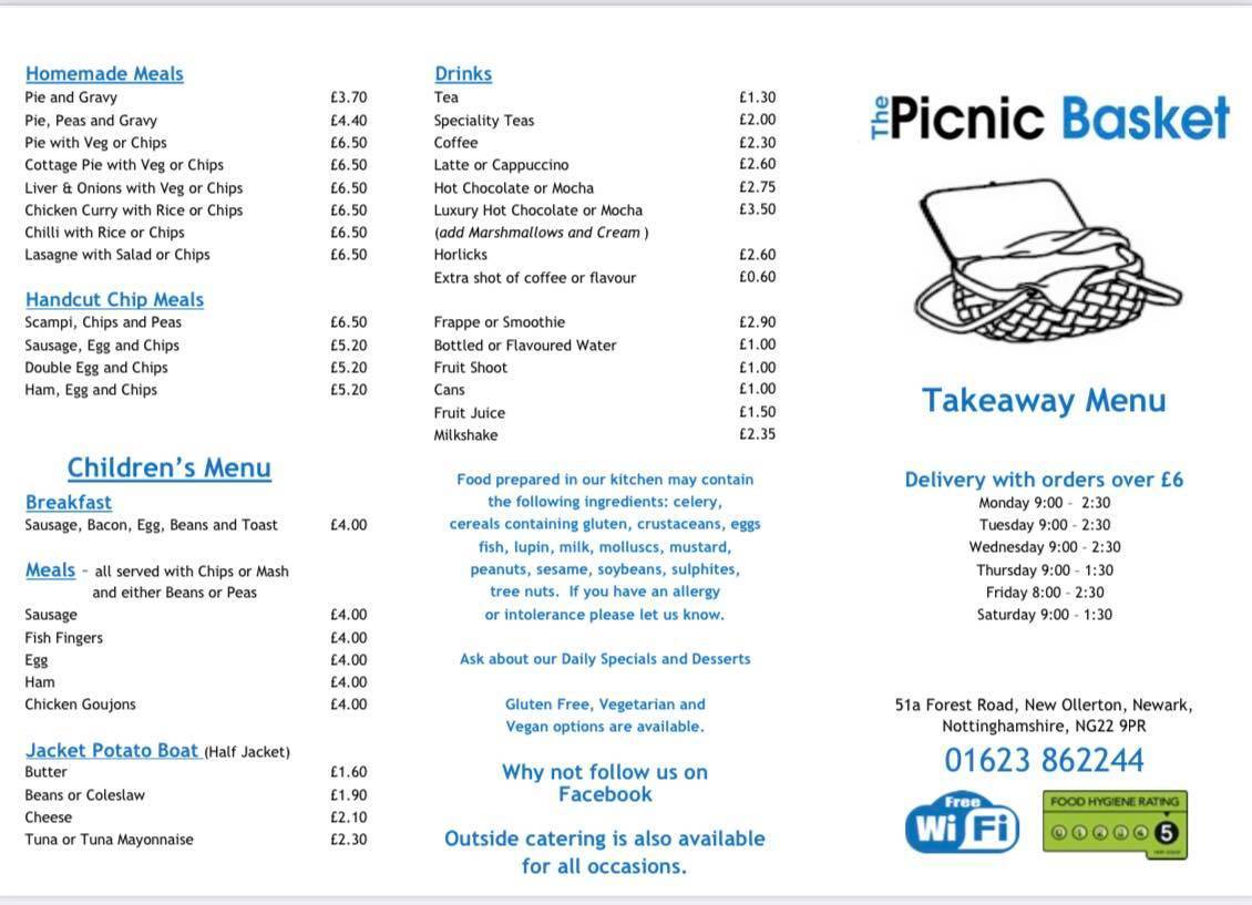 Menu at The Picnic Basket cafe, Ollerton and Boughton