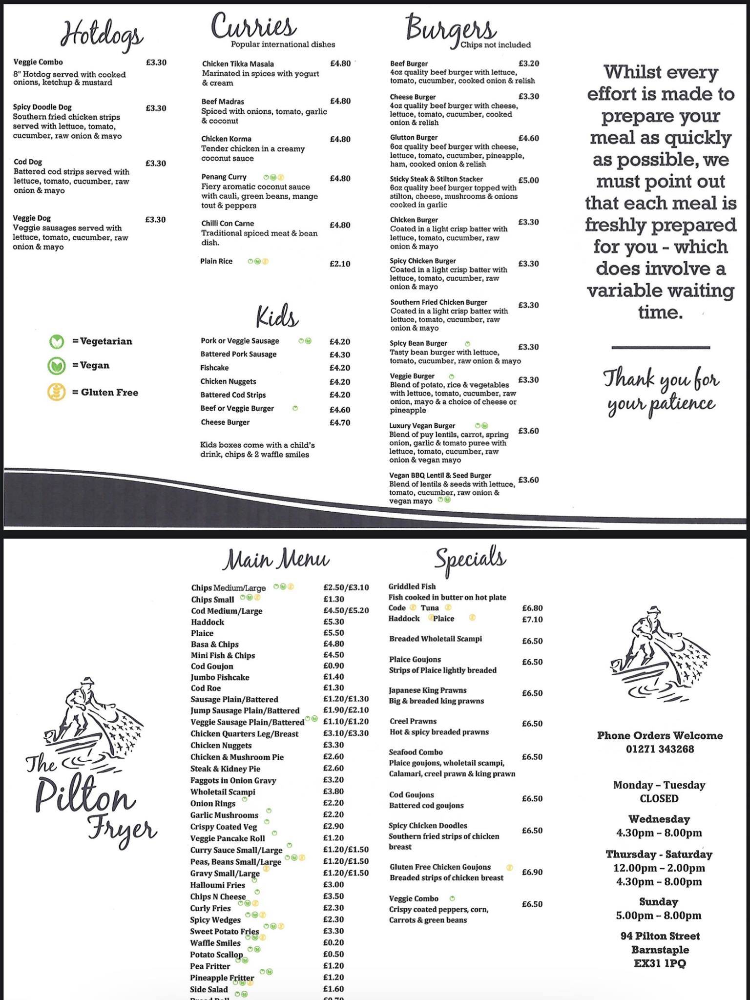 Menu at The Pilton Fryer fast food, Barnstaple