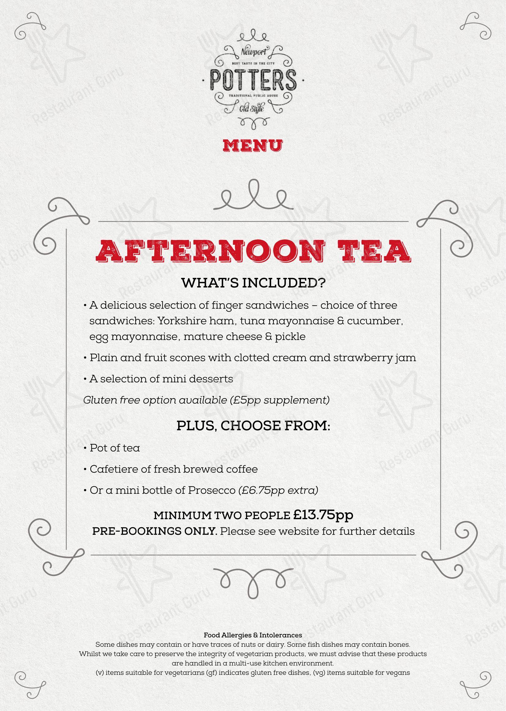 Menu at The Potters pub & bar, Newport