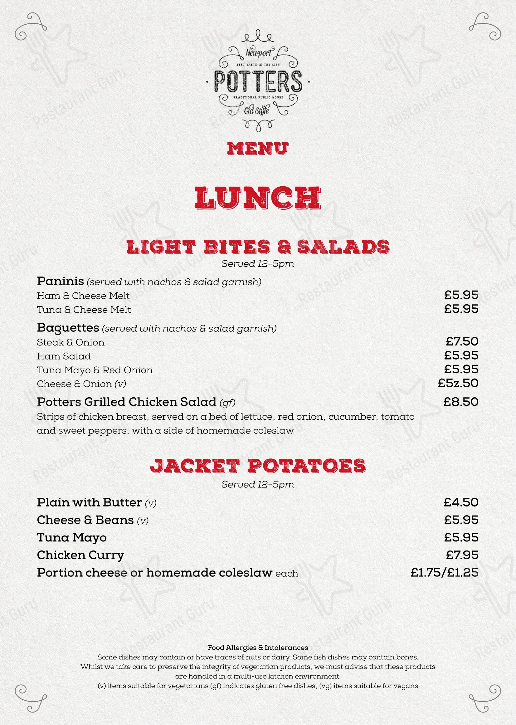 Menu at The Potters pub & bar, Newport