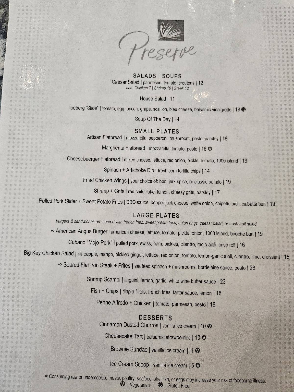 Menu at The Preserve Bar and Grill, Orlando