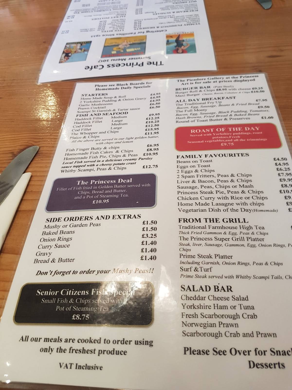 Menu at The Princess Café restaurant, Scarborough