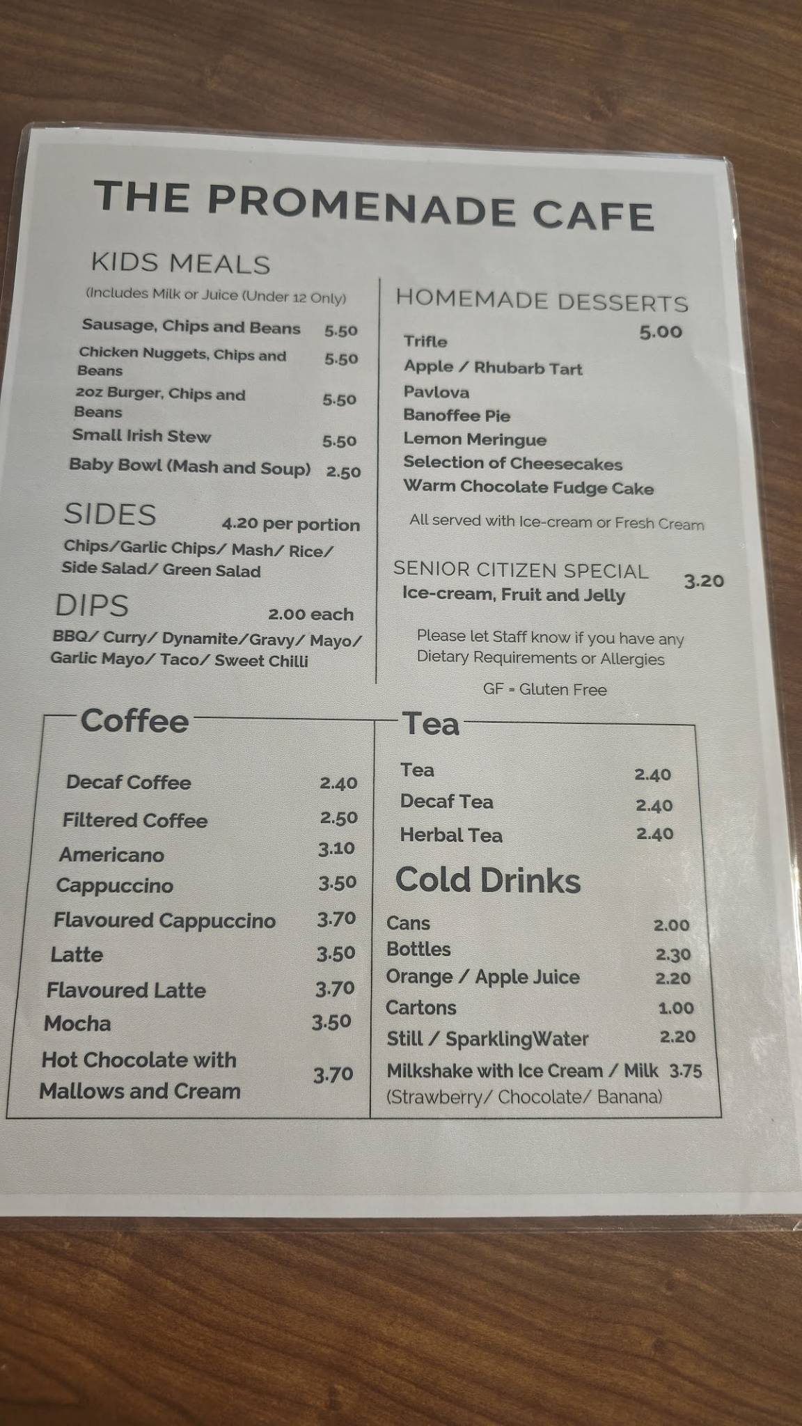 Menu at The Promenade Cafe, Ballycastle