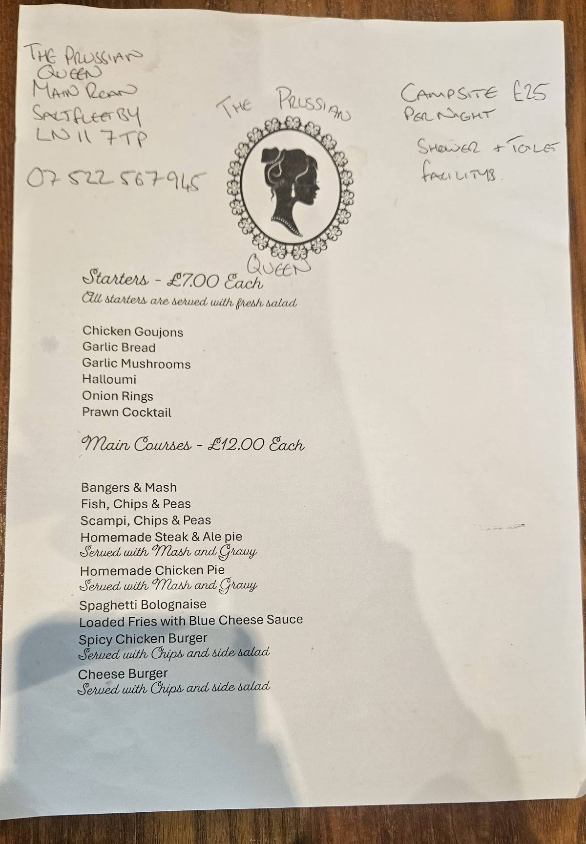 Menu at The Prussian Queen pub & bar, Saltfleetby, Main Rd