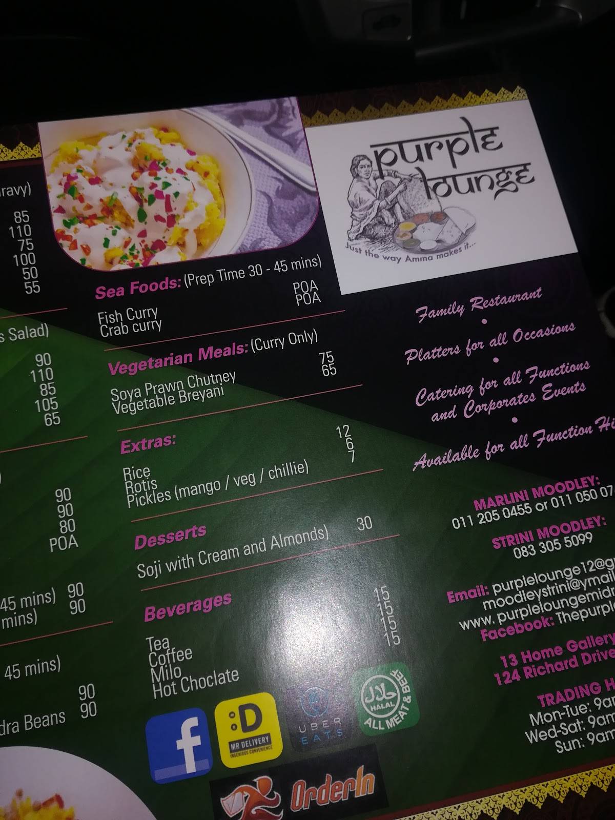 Menu at The Purple Lounge restaurant, Midrand