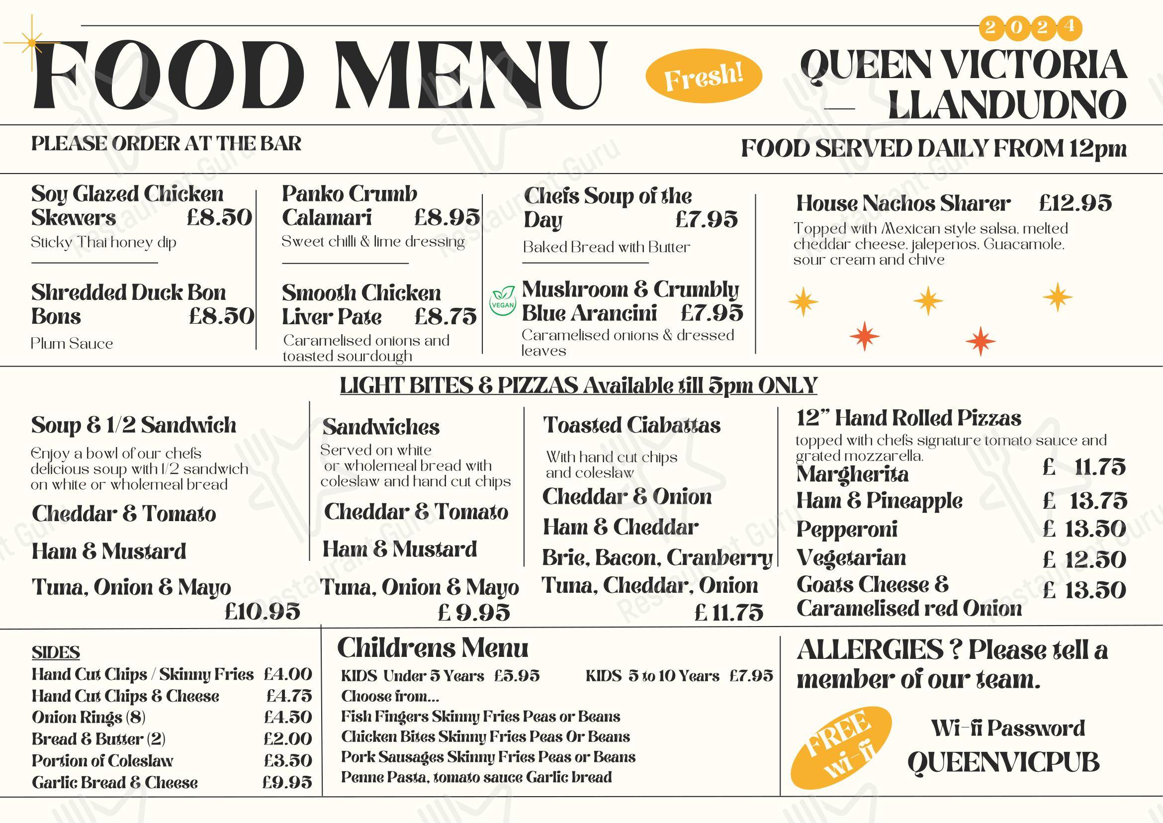 Carta de The Queen Victoria Bar and Restaurant, Llandudno