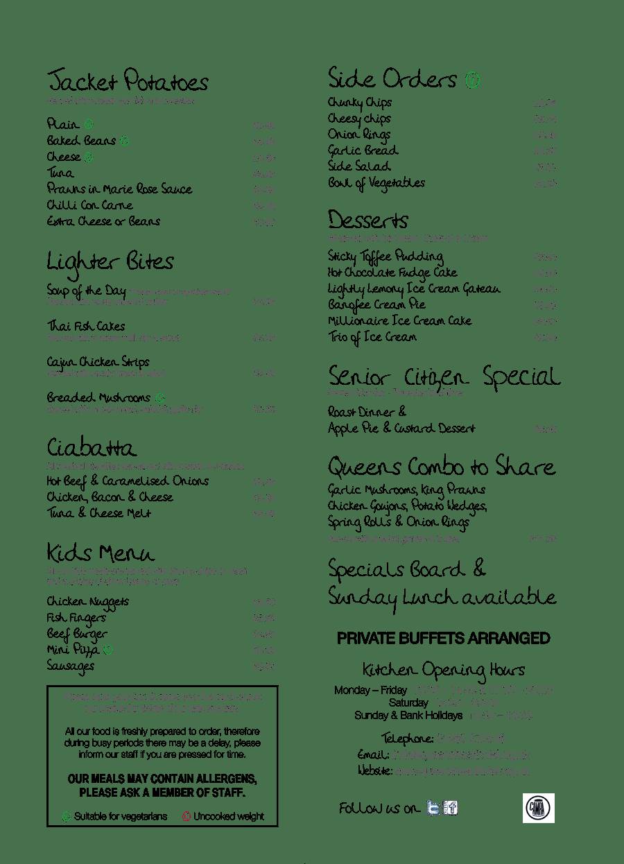 Menu at The Queens Head Pub, Congleton, Congleton