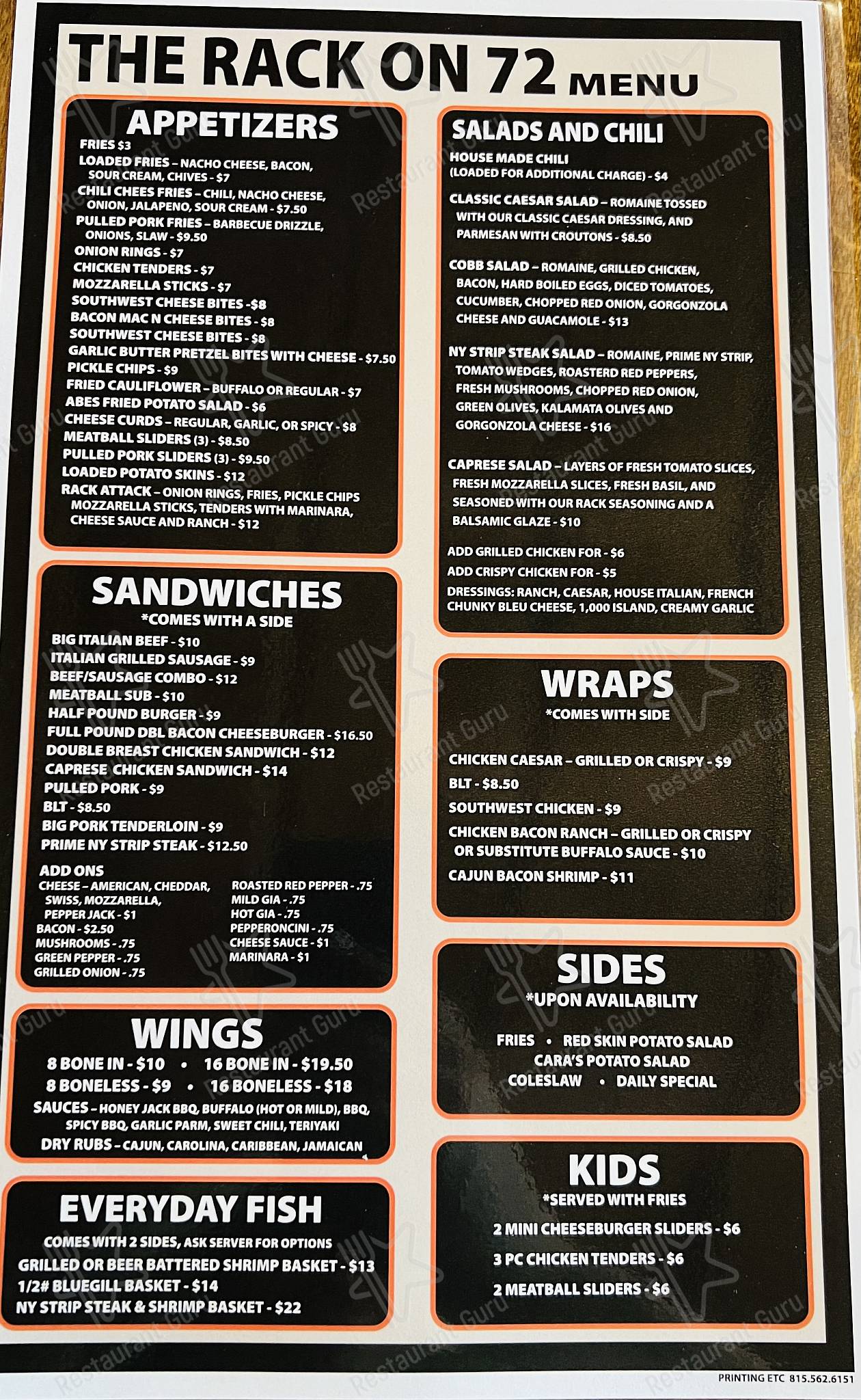 Menu at The Rack on 72 pub & bar, Stillman Valley