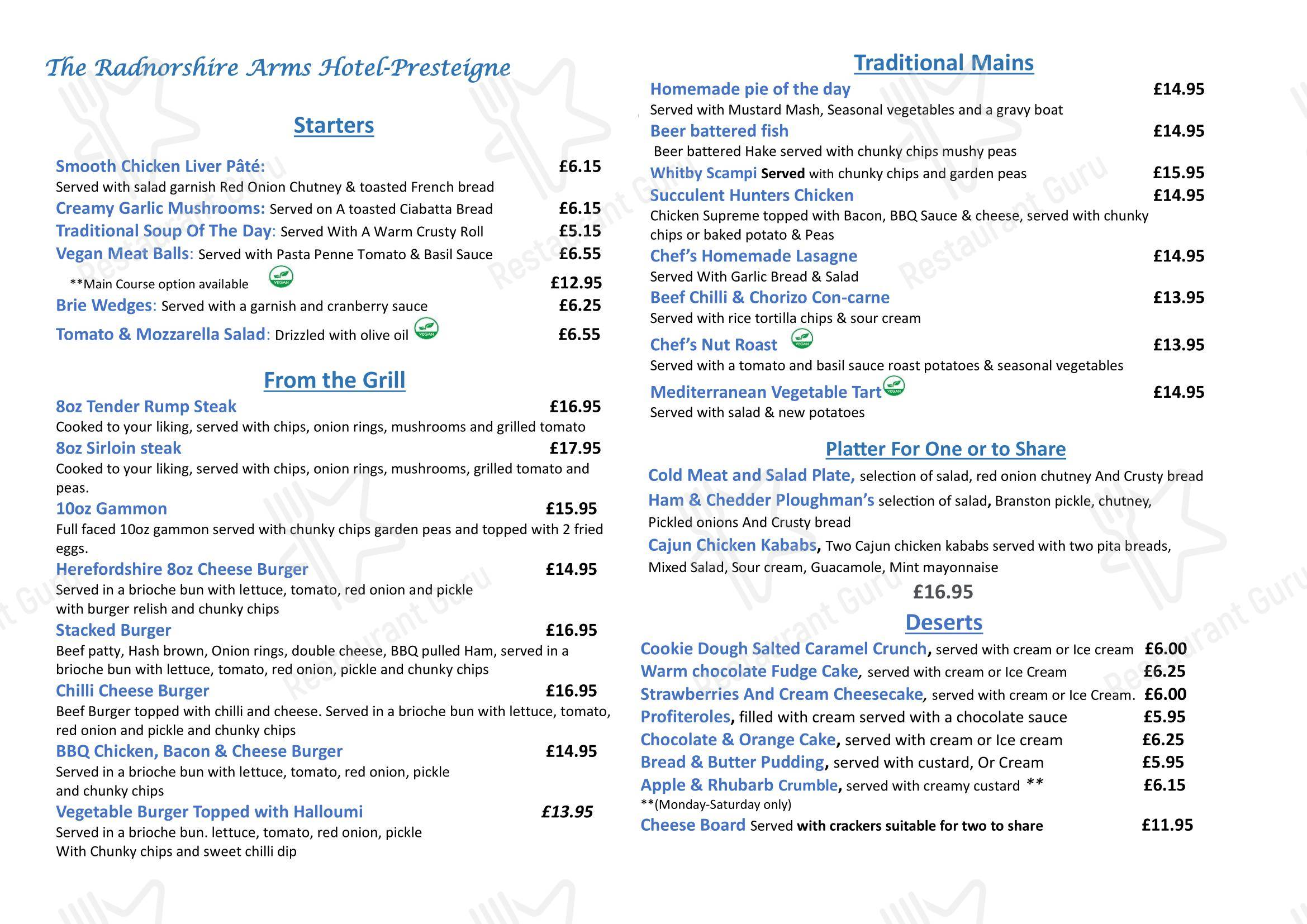 Menu at The Radnorshire Arms Hotel pub & bar, Presteigne