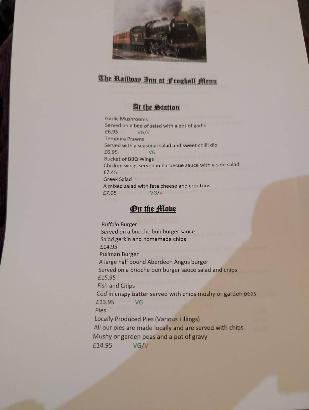 Menu at The Railway Inn at froghall pub & bar, Ipstones, The Railway Inn