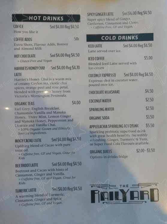 Menu at The Railyard pub & bar, Tecoma