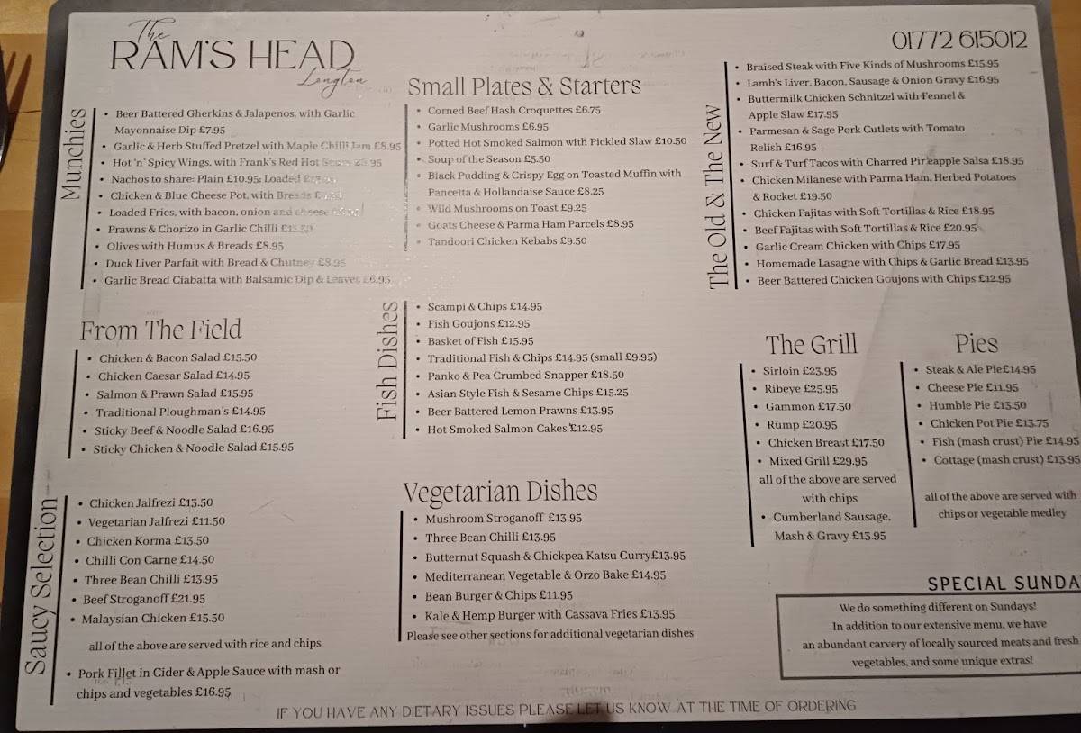 Menu at The Rams Head restaurant, Preston