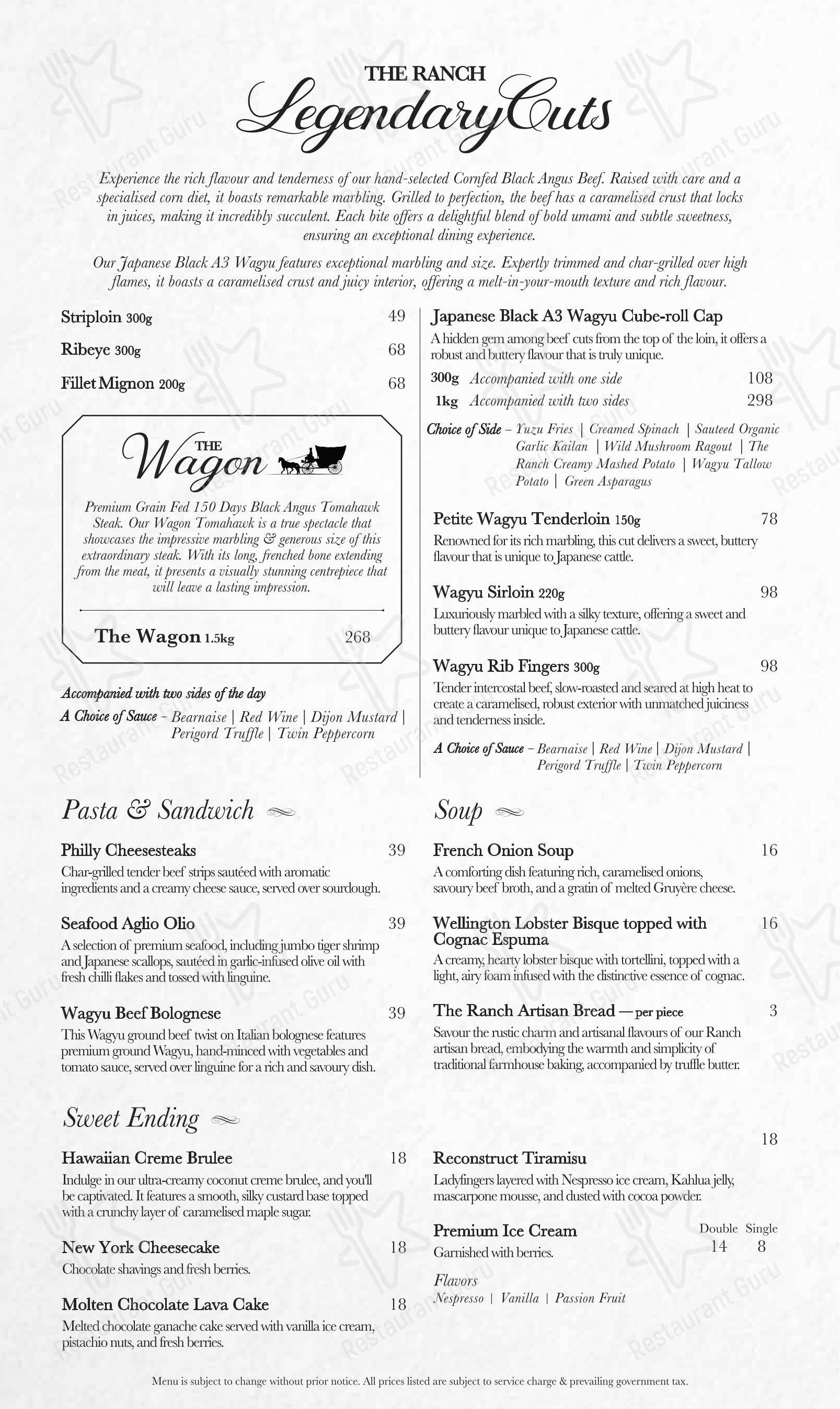 Menu at The Ranch steakhouse, Singapore