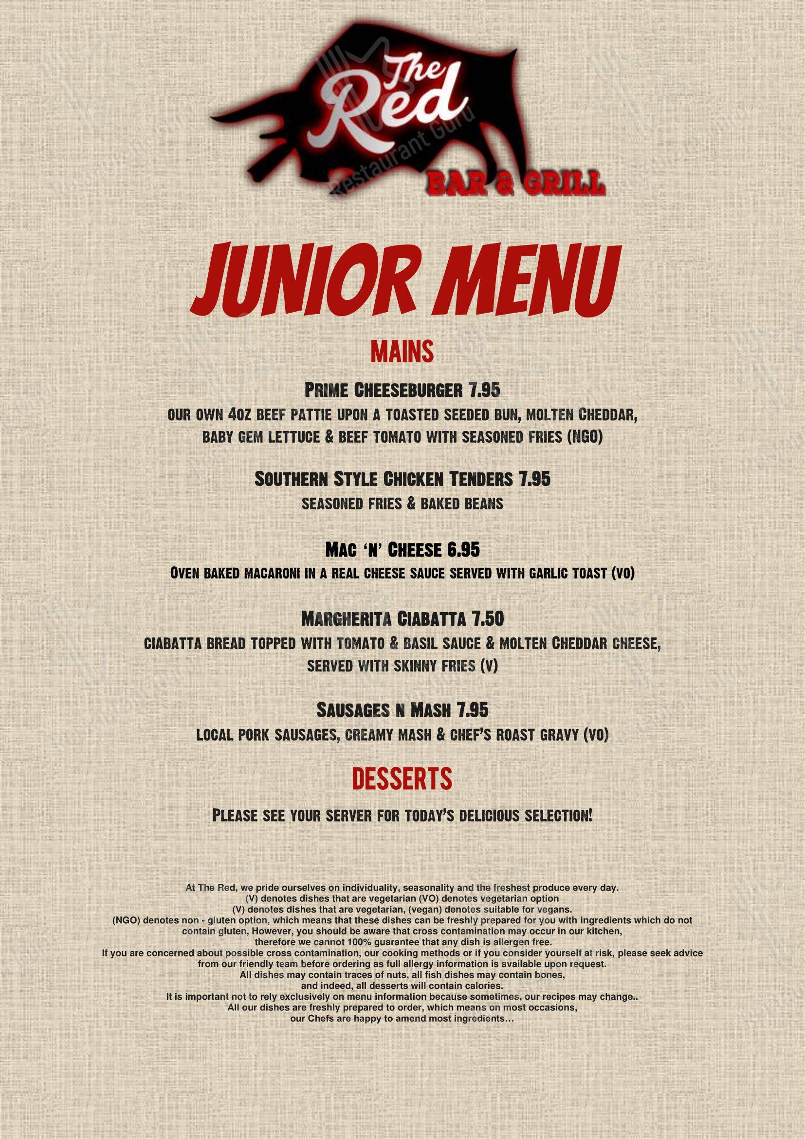 Menu at The Red Bar & Grill, Mansfield