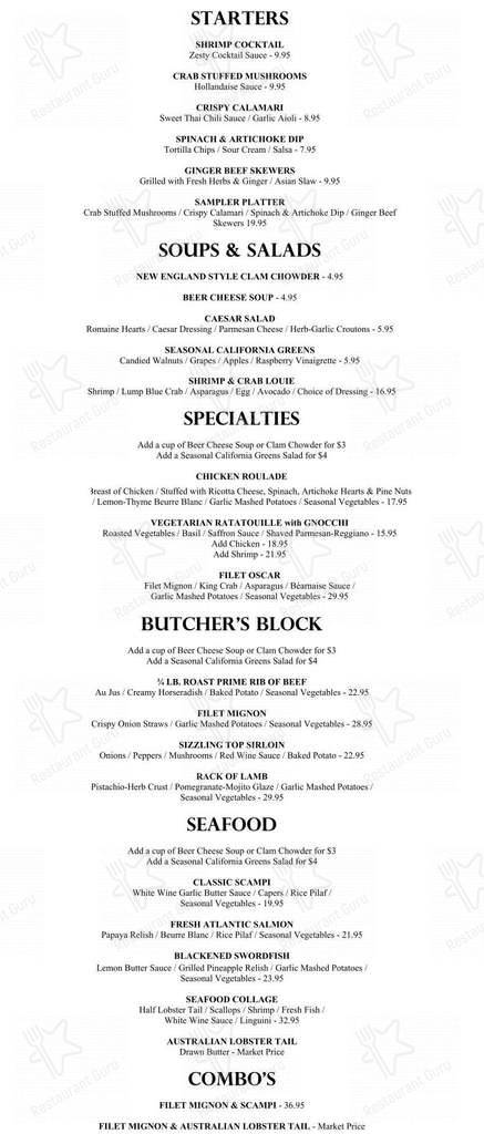 Menu at The Reef restaurant, Memphis
