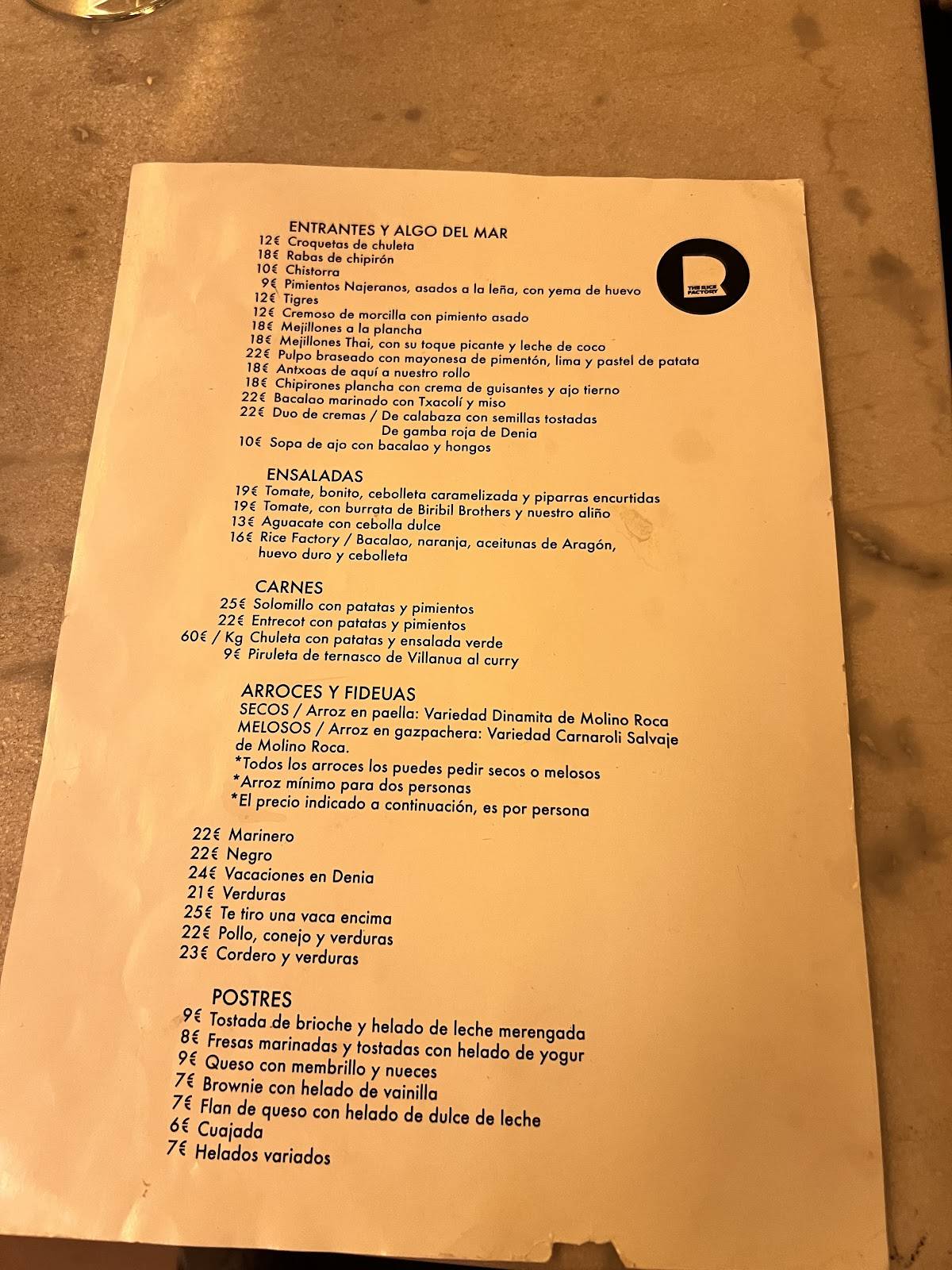 Carta del restaurante The Rice Factory, Dobaran