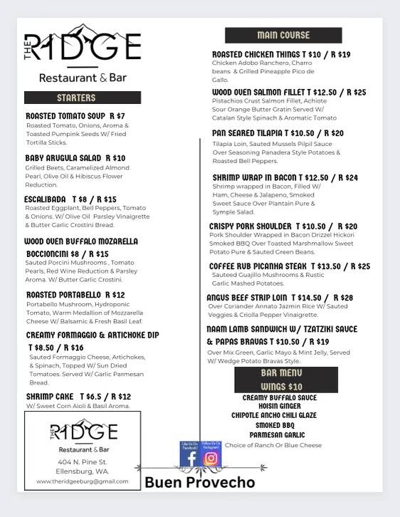 Menu at The Ridge Restaurant & Bar, Ellensburg