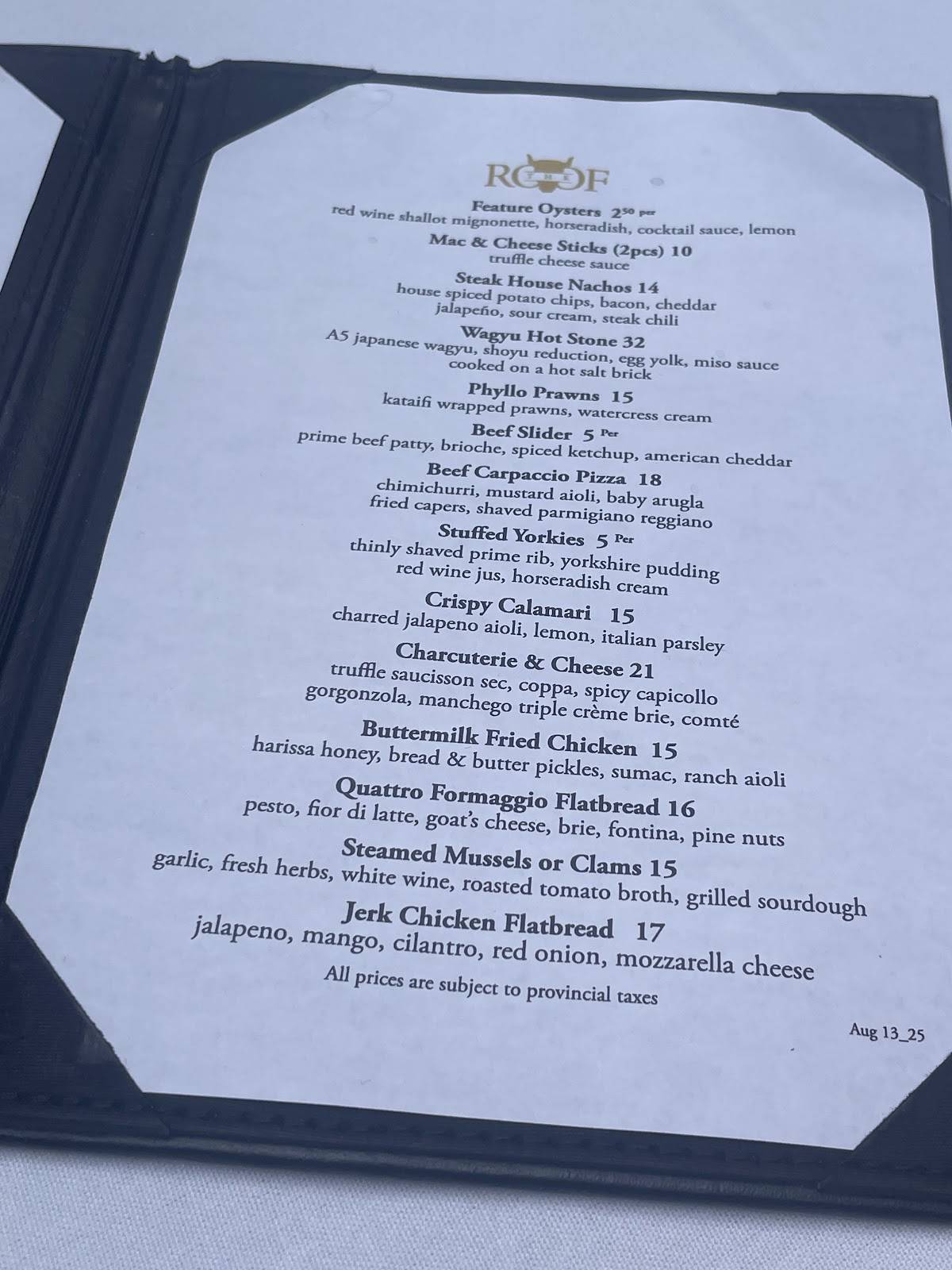 Menu at The Roof at Black & Blue steakhouse, Vancouver