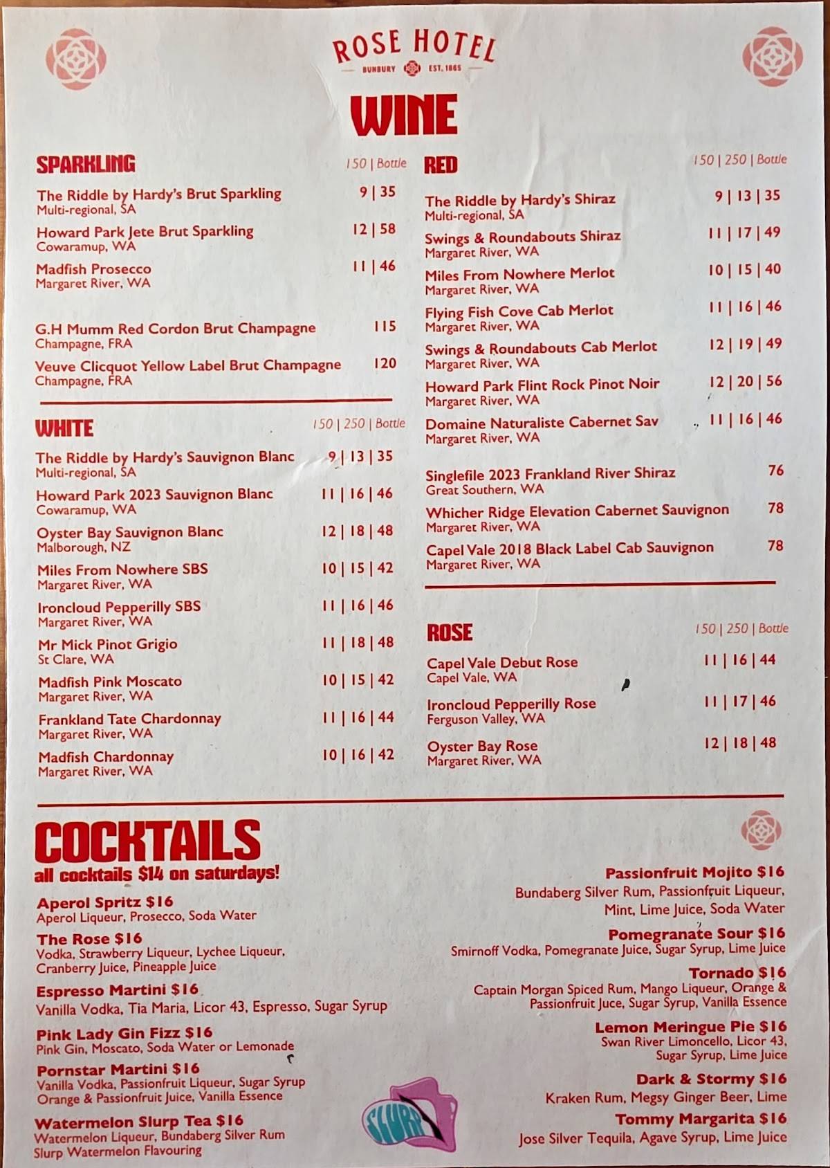 Menu at The Rose Hotel & Motel pub & bar, Bunbury
