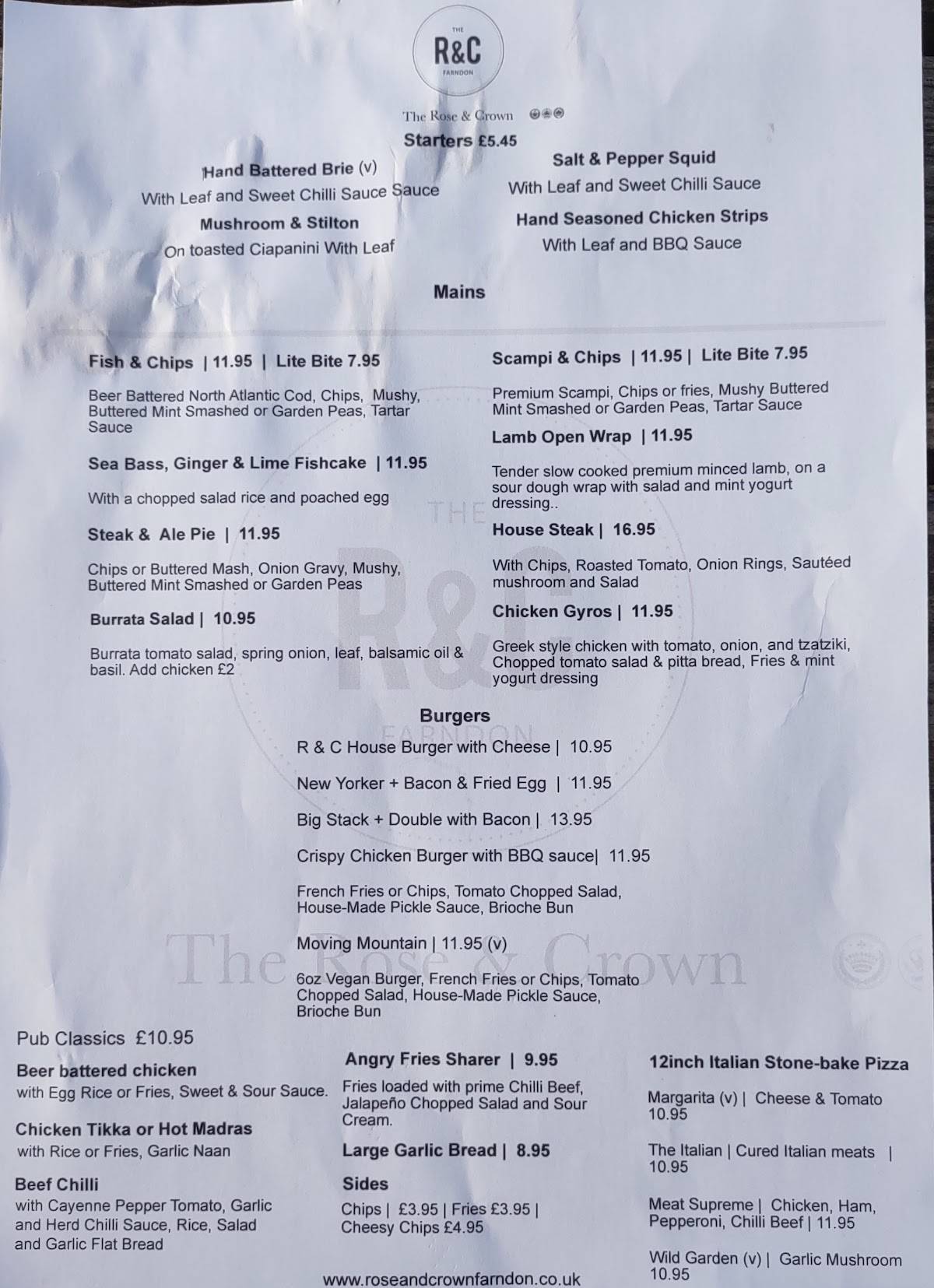 Menu at The Rose & Crown pub & bar, Newark-on-Trent, 25 Main St