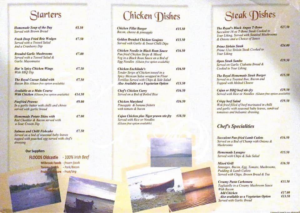 Menu at The Royal Bar., Ballyjamesduff