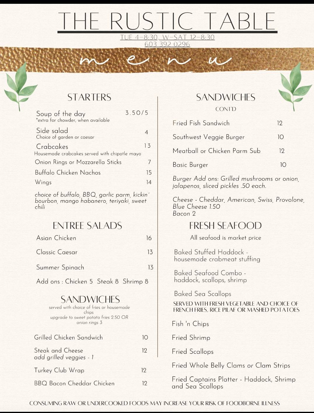 Menu at The Rustic Table restaurant, Winchester