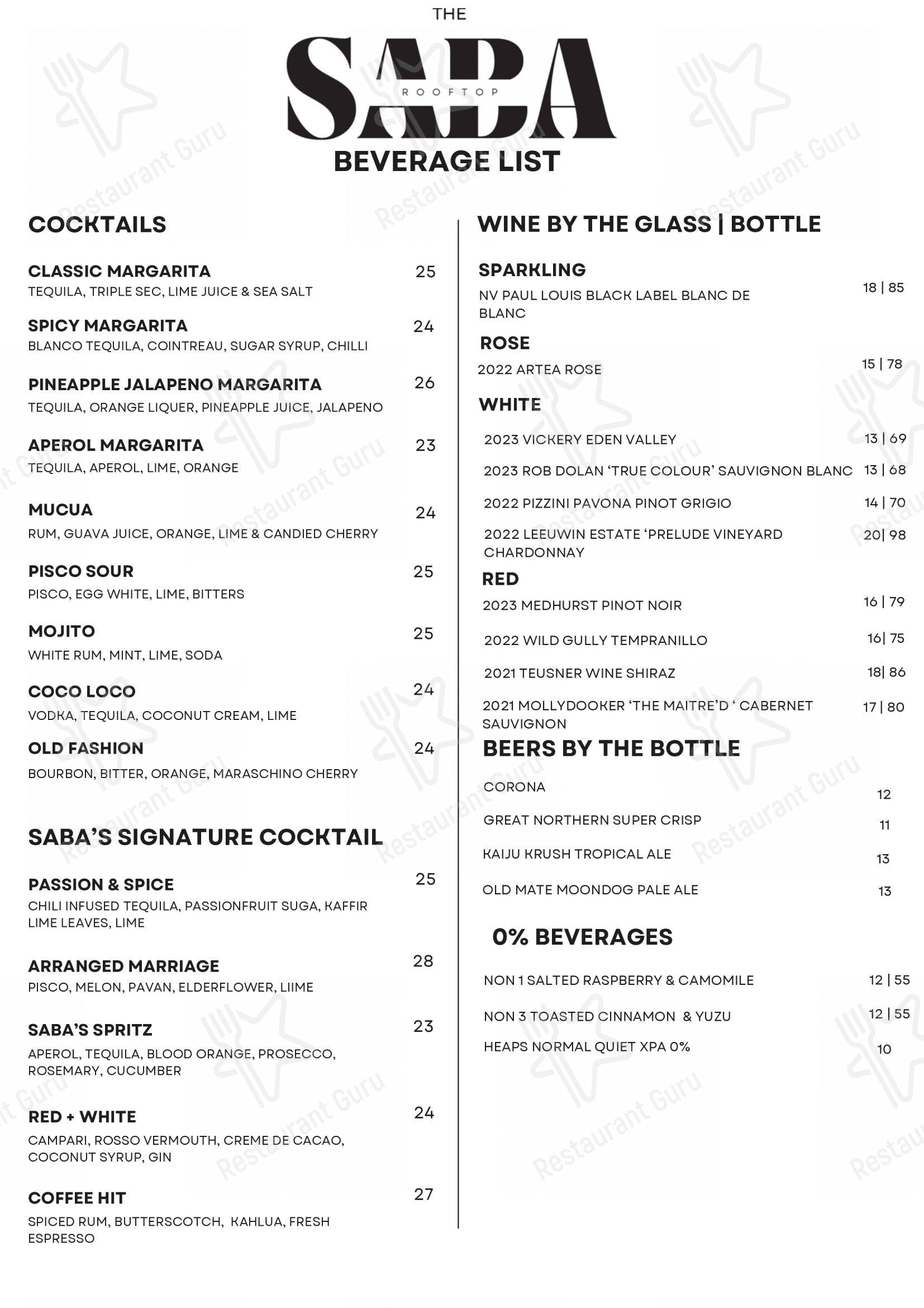Menu at The Saba Rooftop restaurant, Port Melbourne