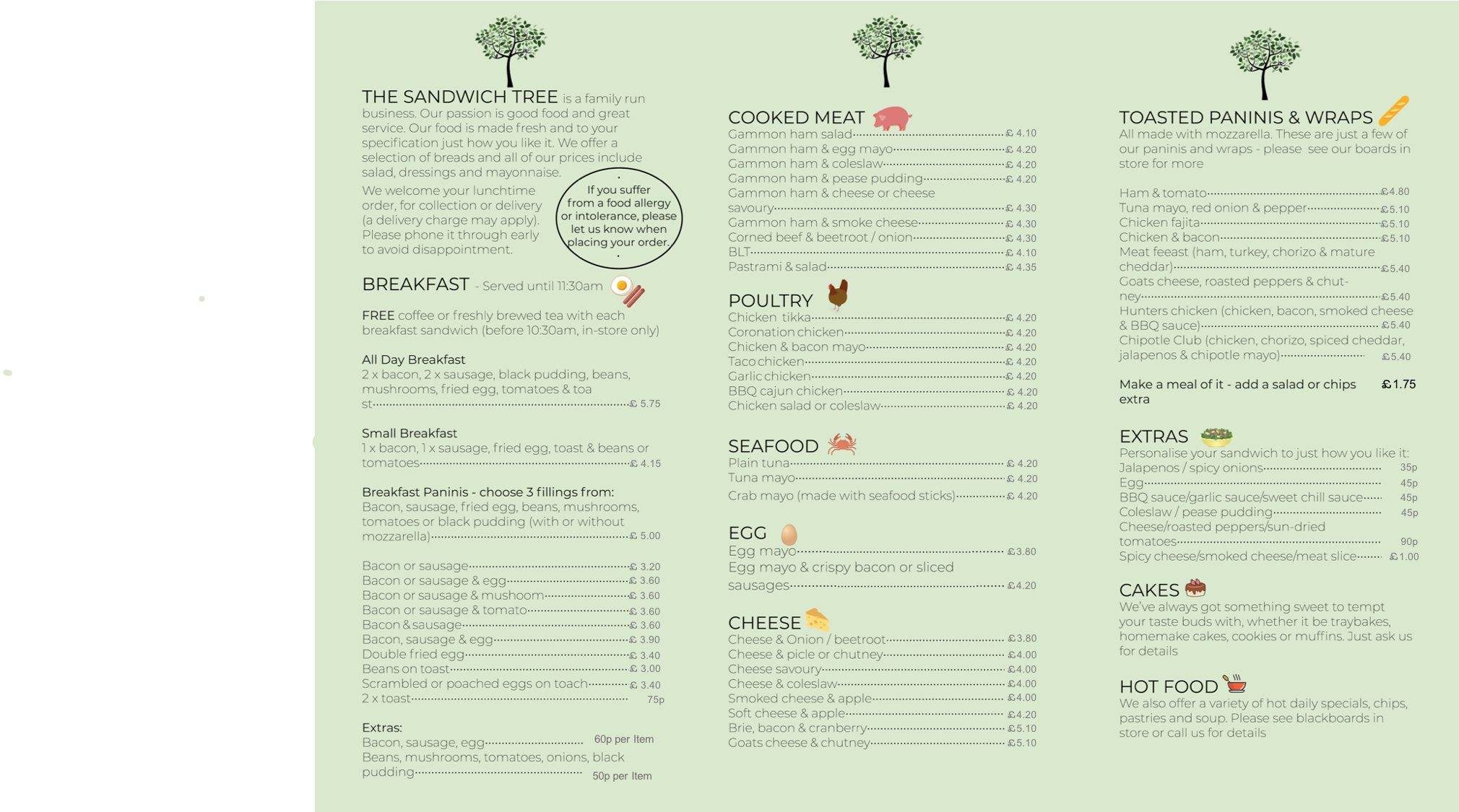 Menu at The Sandwich Tree, Sunderland