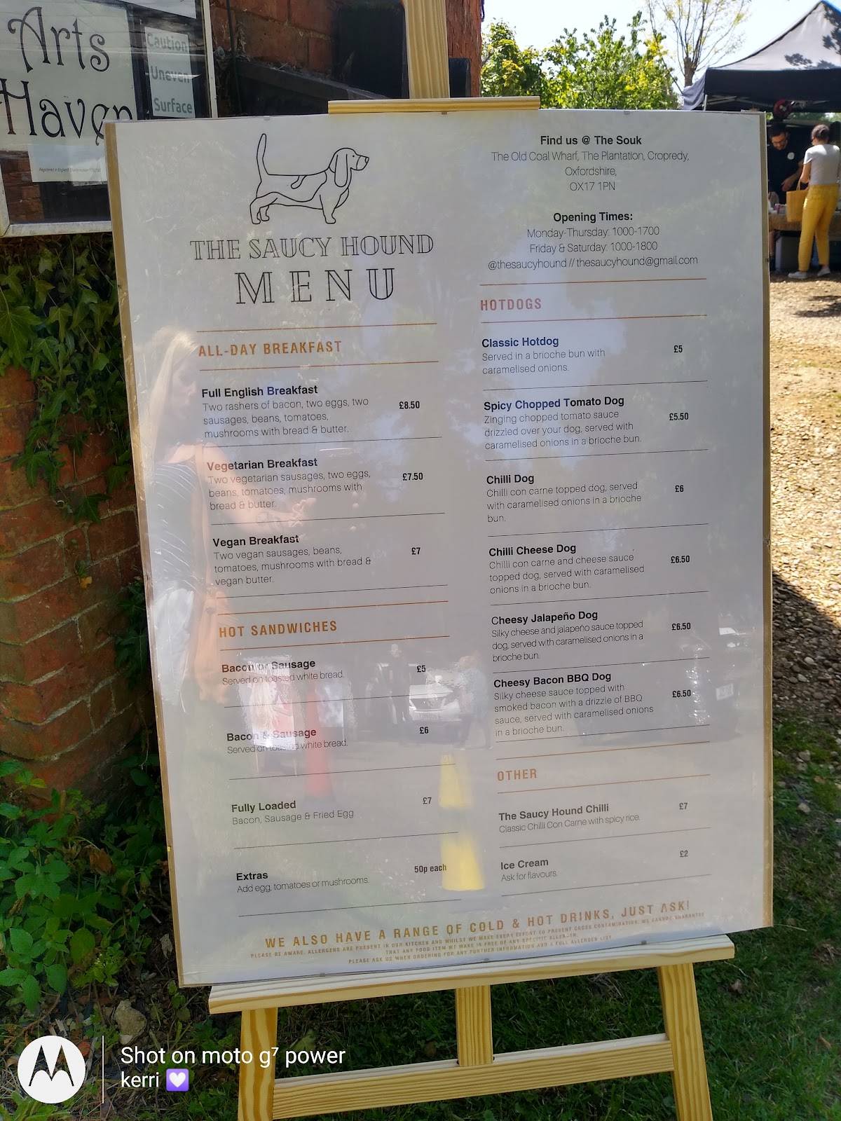 Menu at The Saucy Hound cafe, Banbury