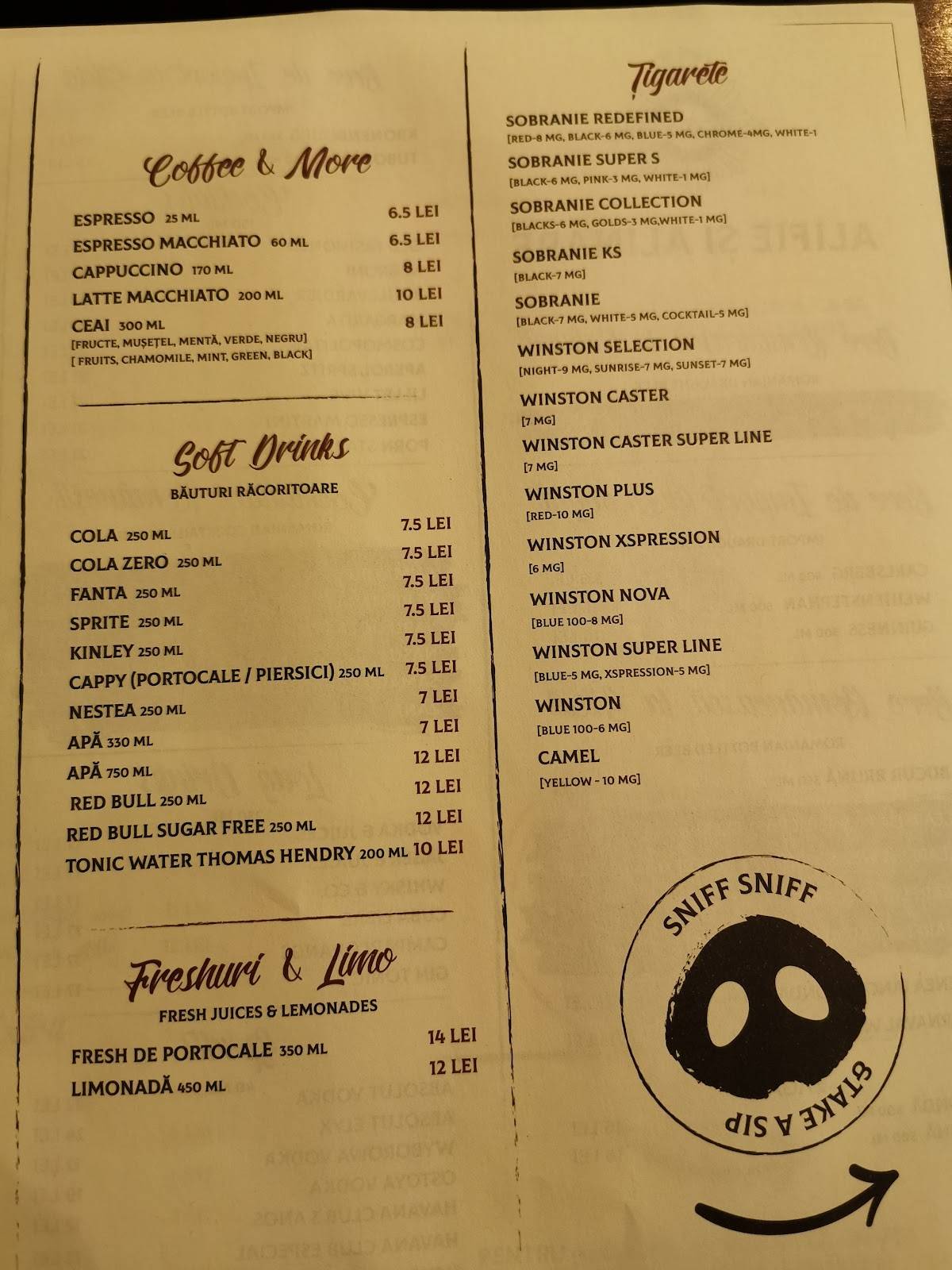 Menu at The Scotland Yard, Timișoara