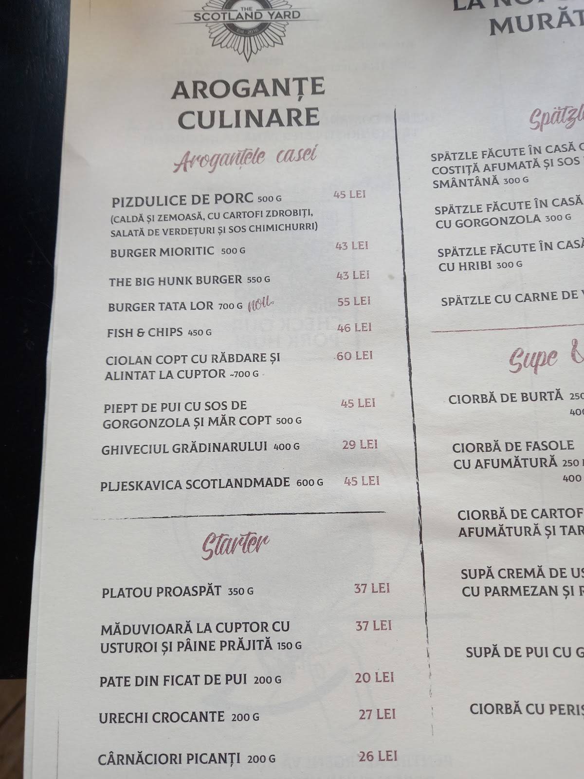 Menu at The Scotland Yard, Timișoara