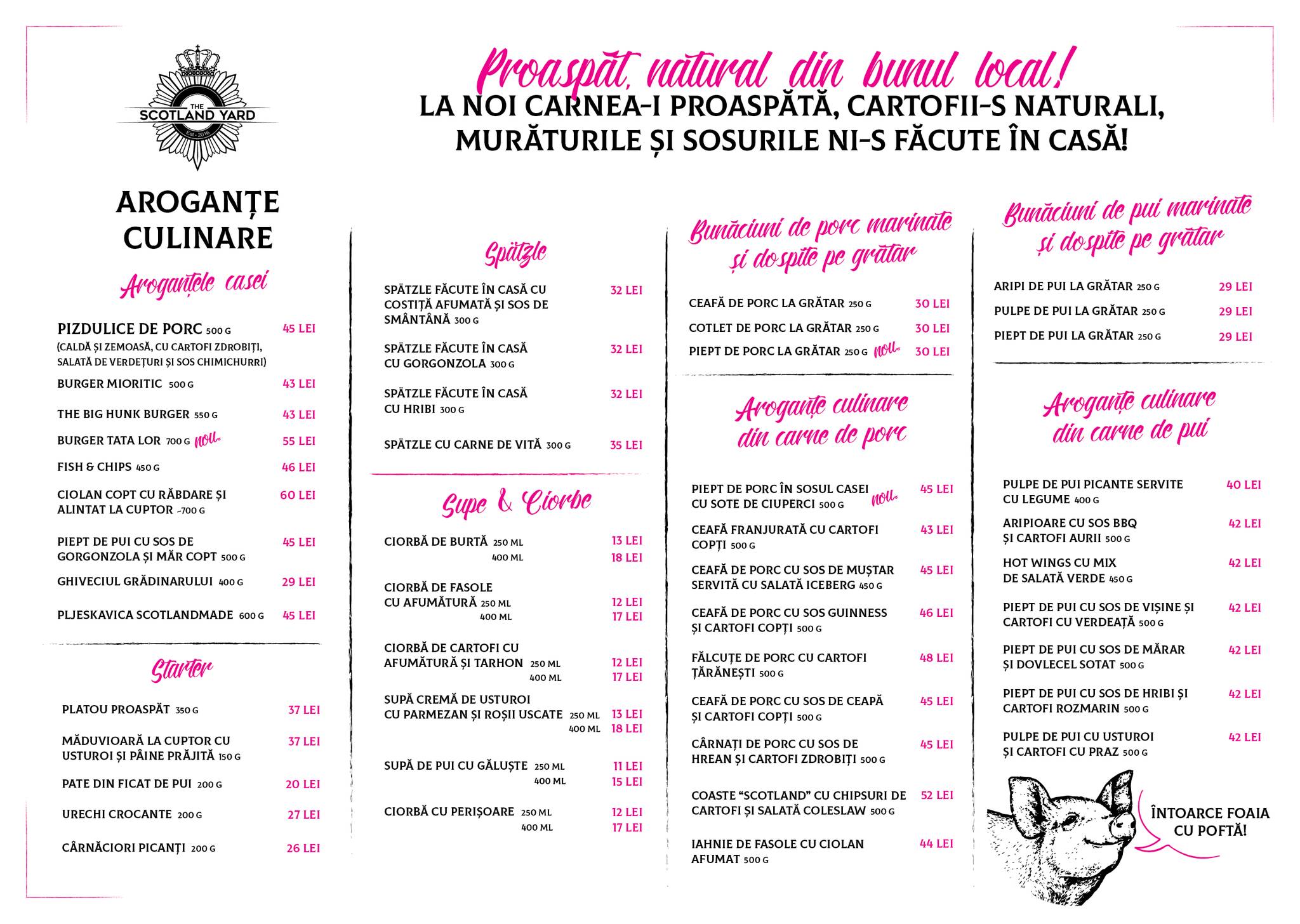 Menu at The Scotland Yard, Timișoara