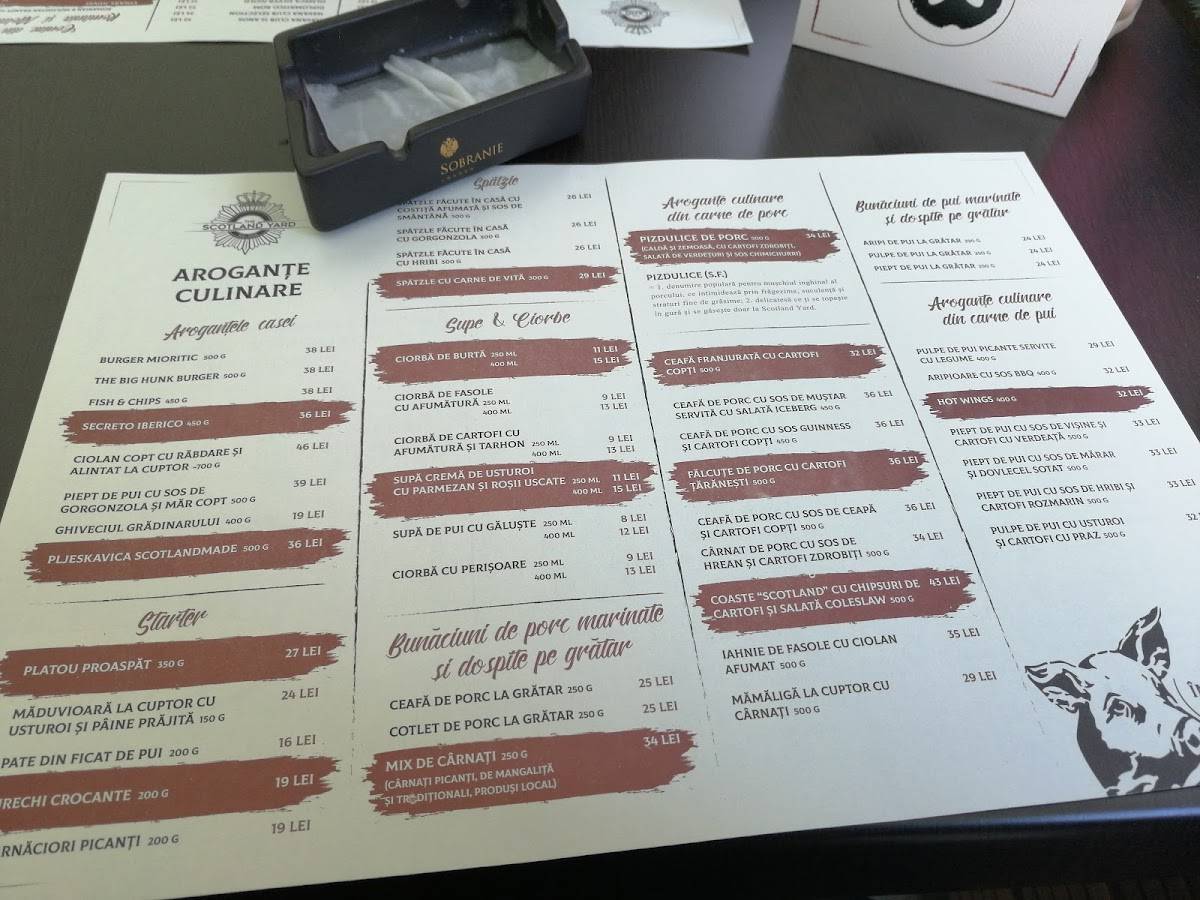 Menu at The Scotland Yard, Timișoara