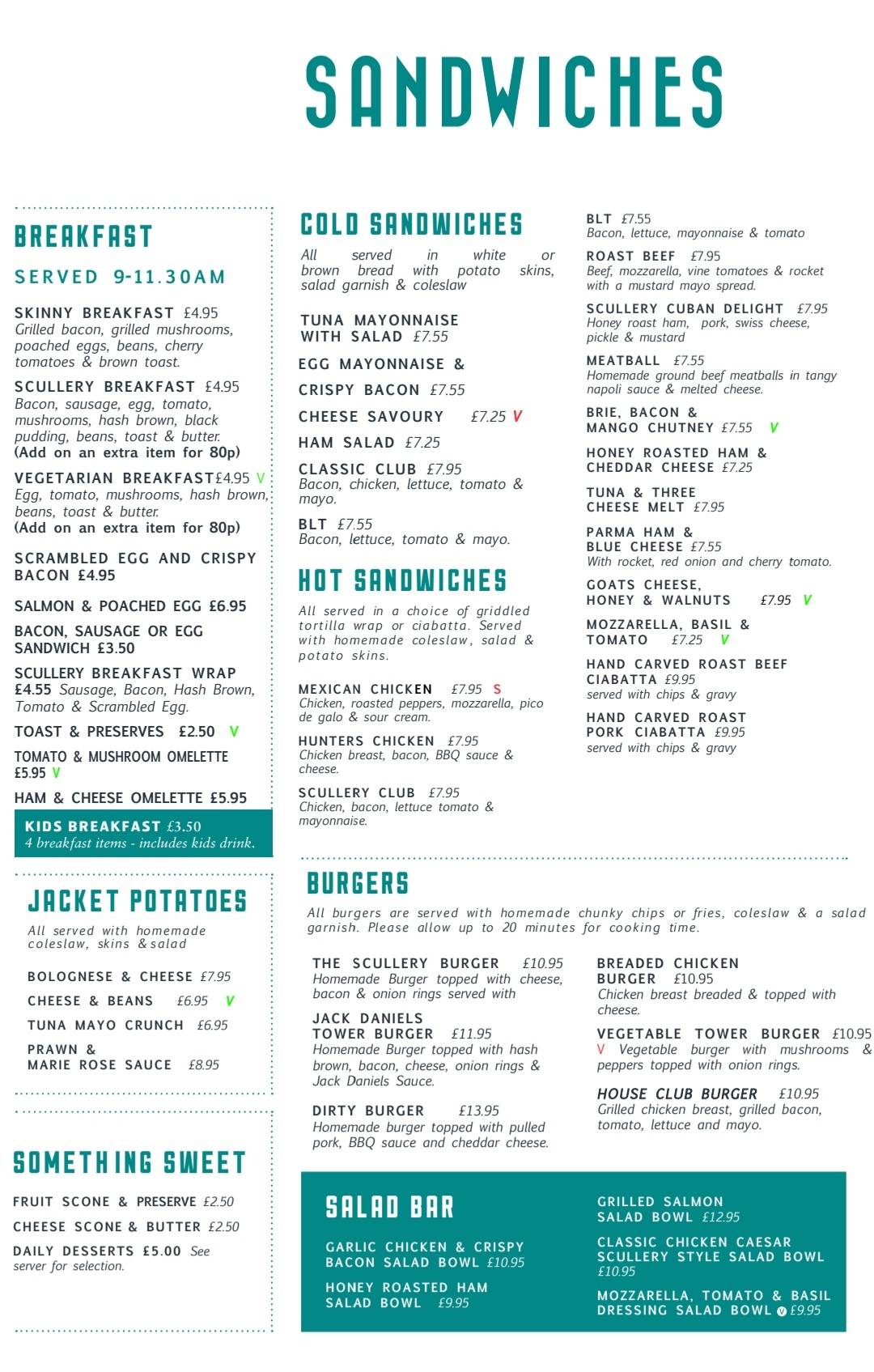Menu at The Scullery restaurant, Sunderland