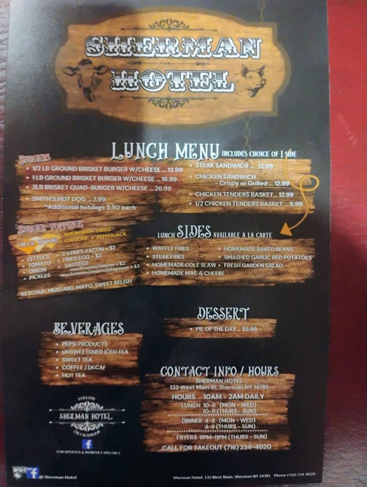 Menu at The Sherman Hotel Steakhouse and Saloon, Sherman