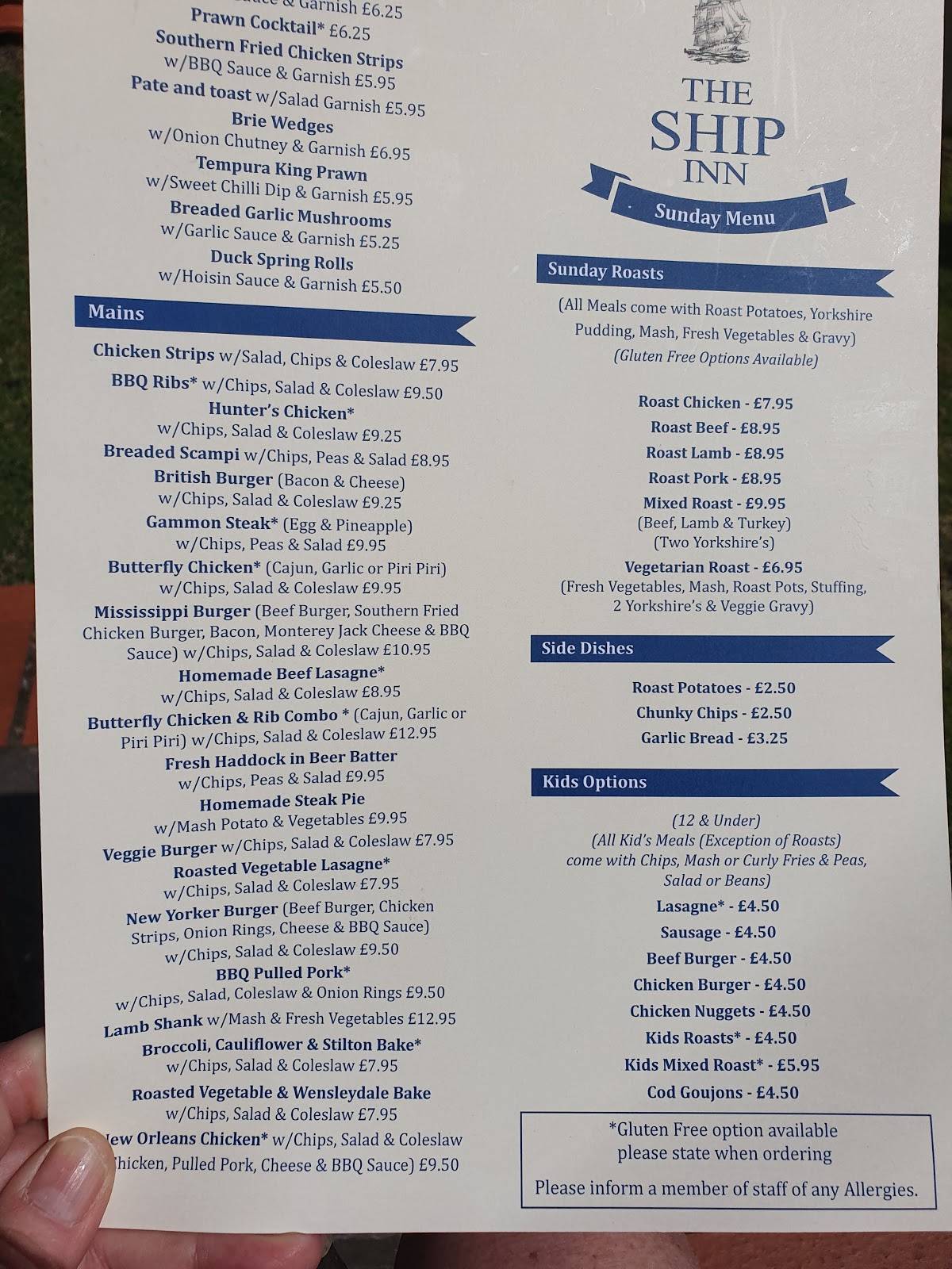 Menu at The Ship Inn restaurant, Tiptree