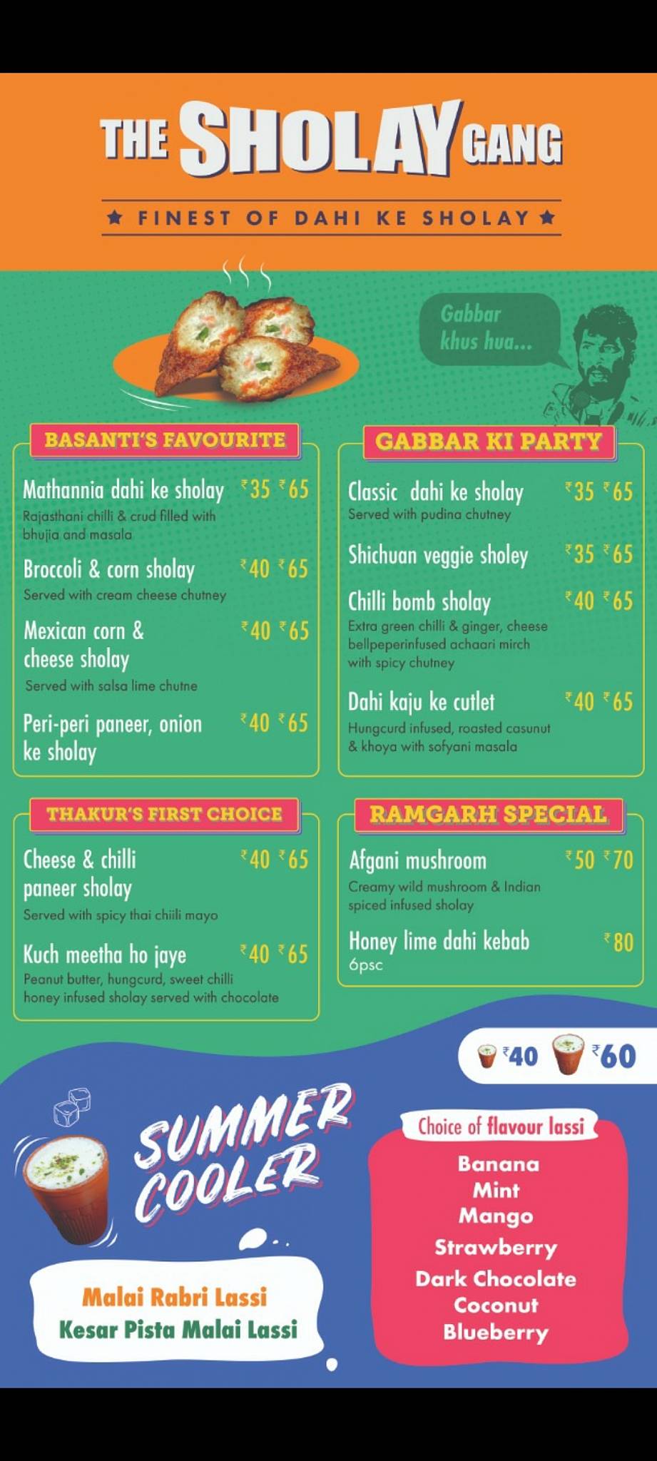 Menu at The Sholay Gang, New Delhi, J1-A