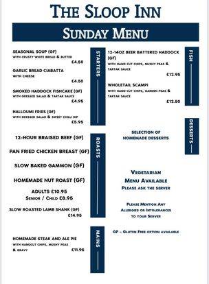 Menu at The Sloop Inn pub & bar, Barton-upon-Humber
