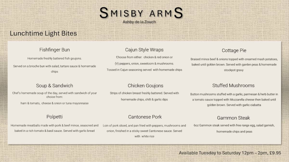Menu at The Smisby Arms pub & bar, Smisby, Nelsons Square