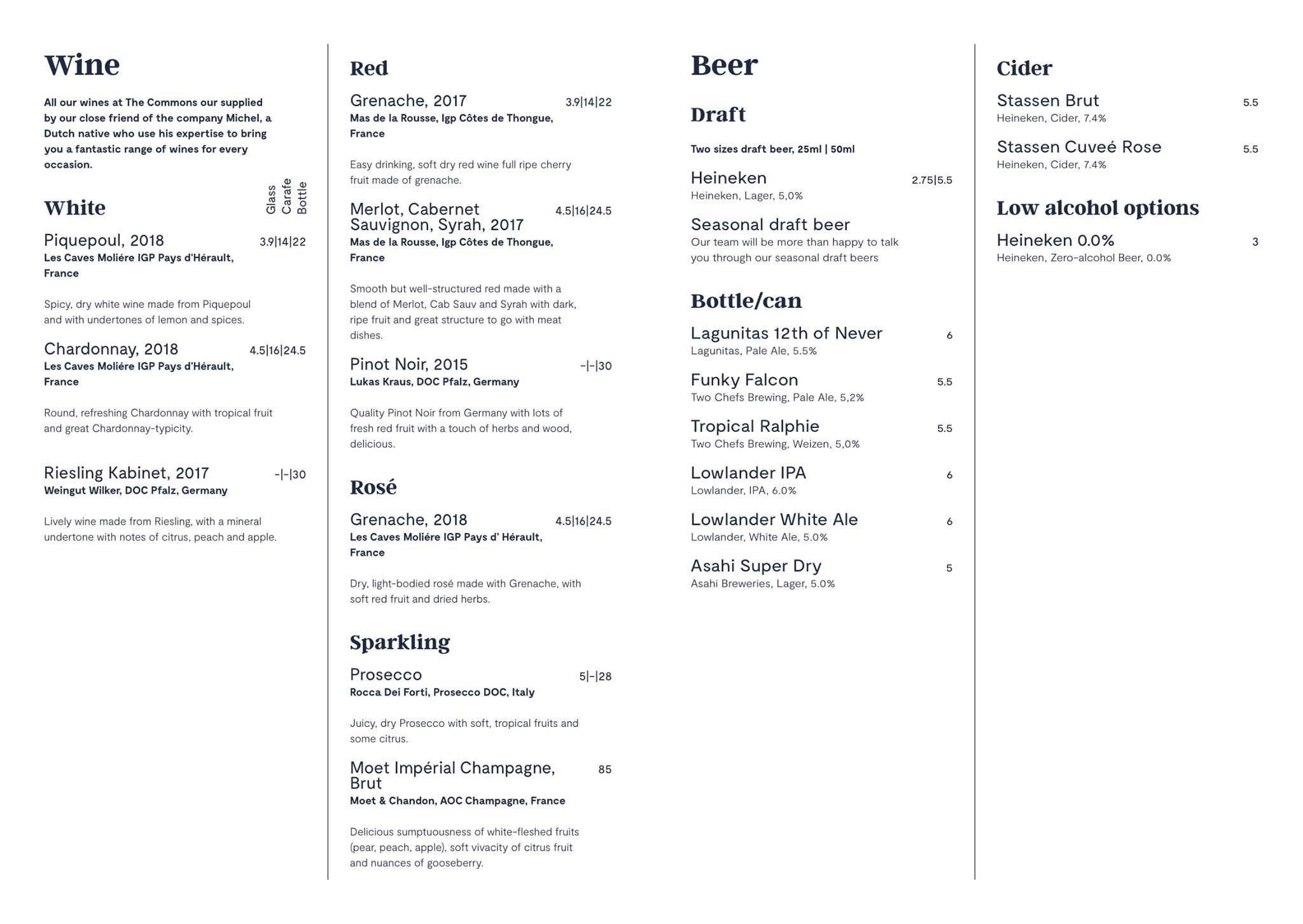 Menu at The Commons, The Hague